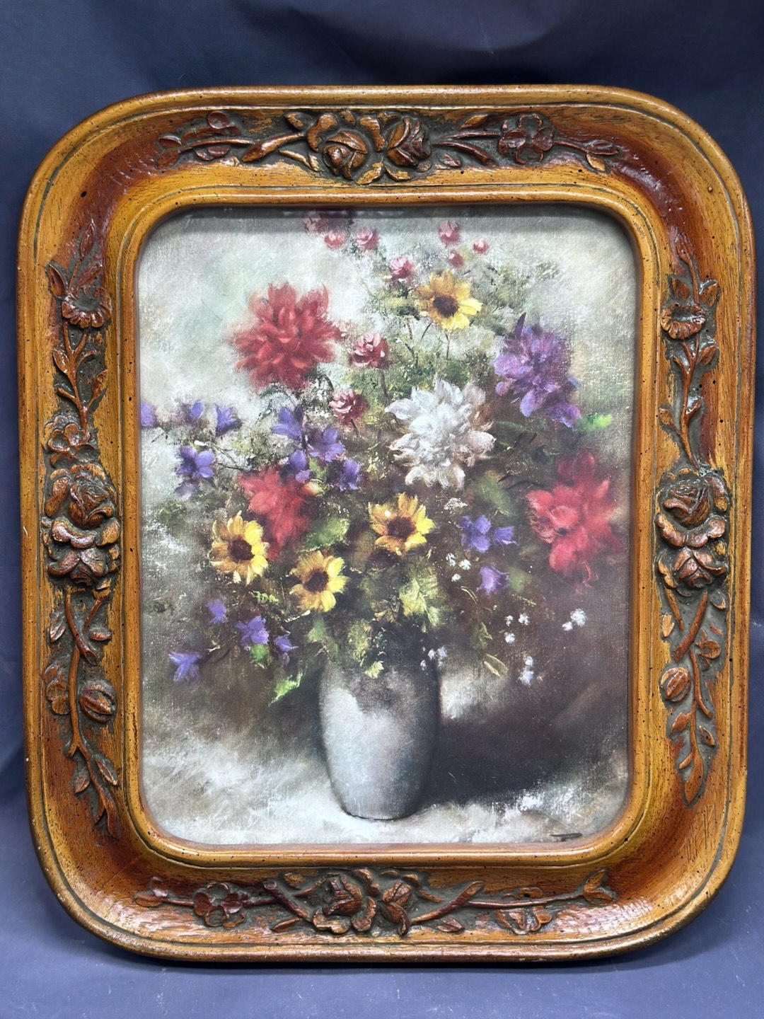 Vintage Richard Shields Floral Arrangement Print in Solid Ornate Wood ...