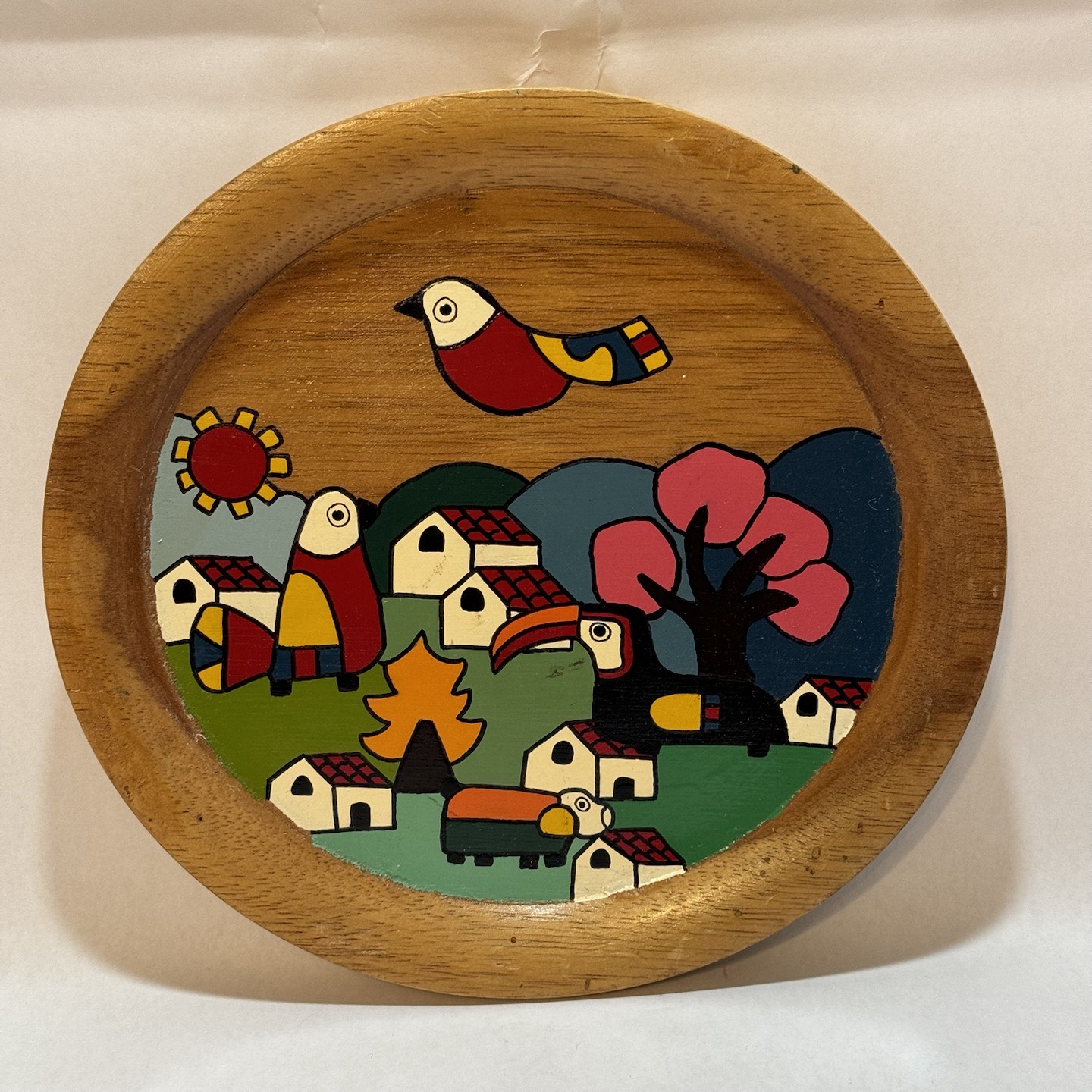 Vintage Folk Art Birds Village Handmade & Painted Venezuela 9” Diameter ...