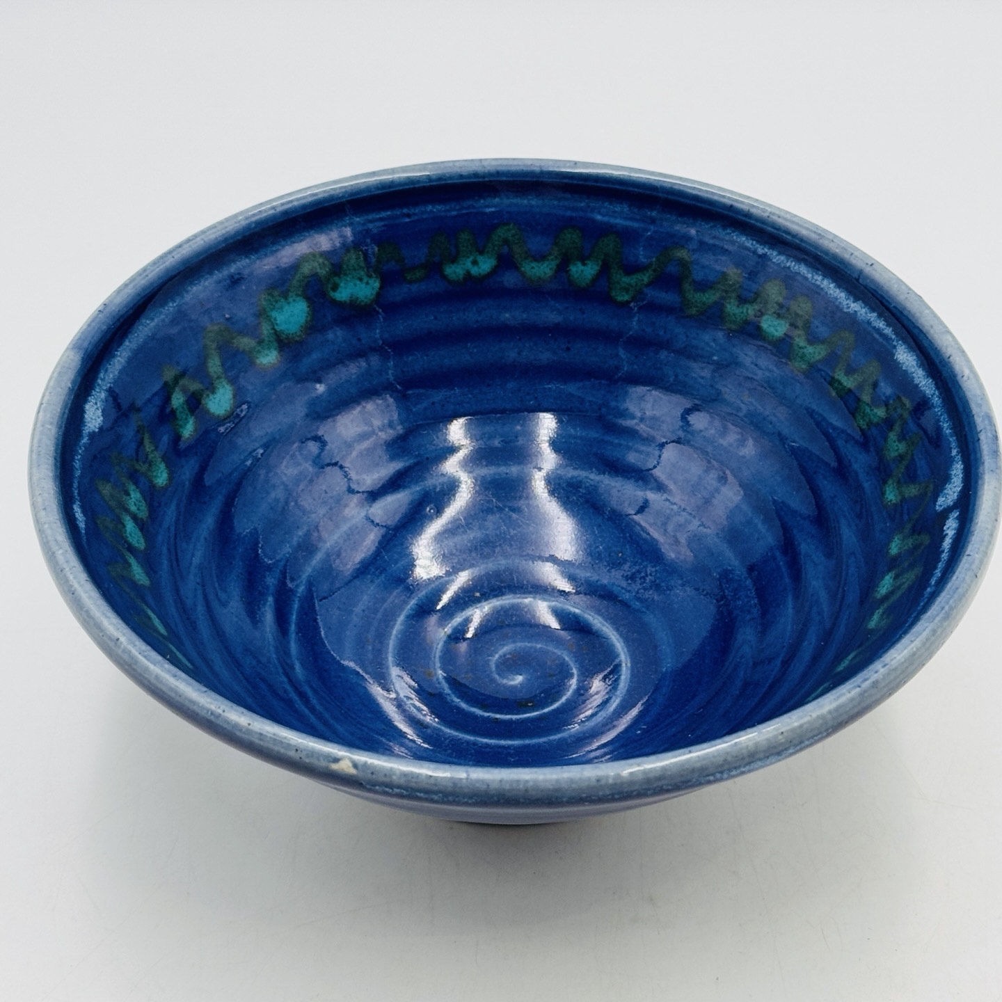 Modern Hand Thrown Pottery Bowl 7.75x3.25” Blue Green Signed Saul?