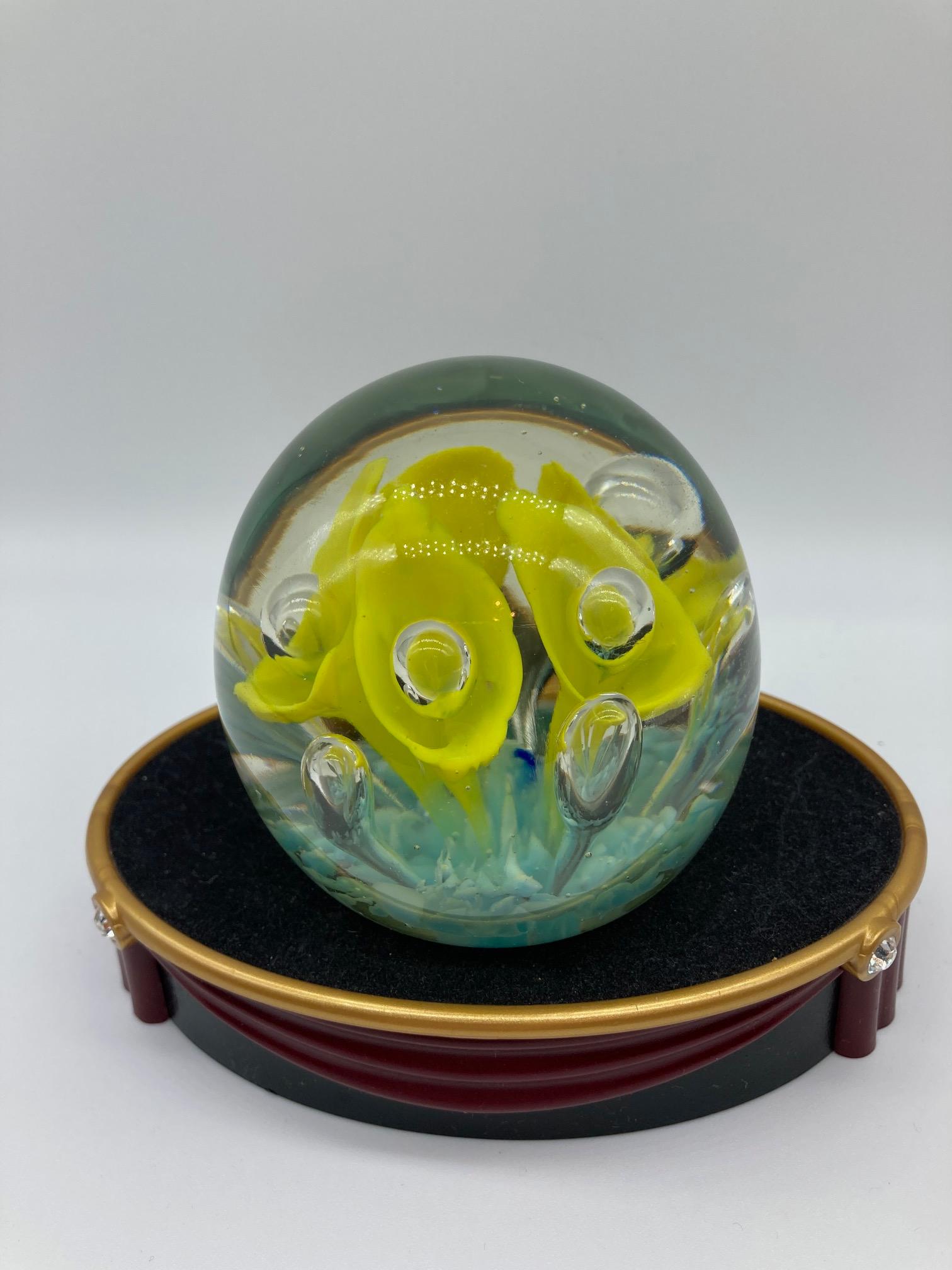 Yellow and Teal Art Glass Paperweight