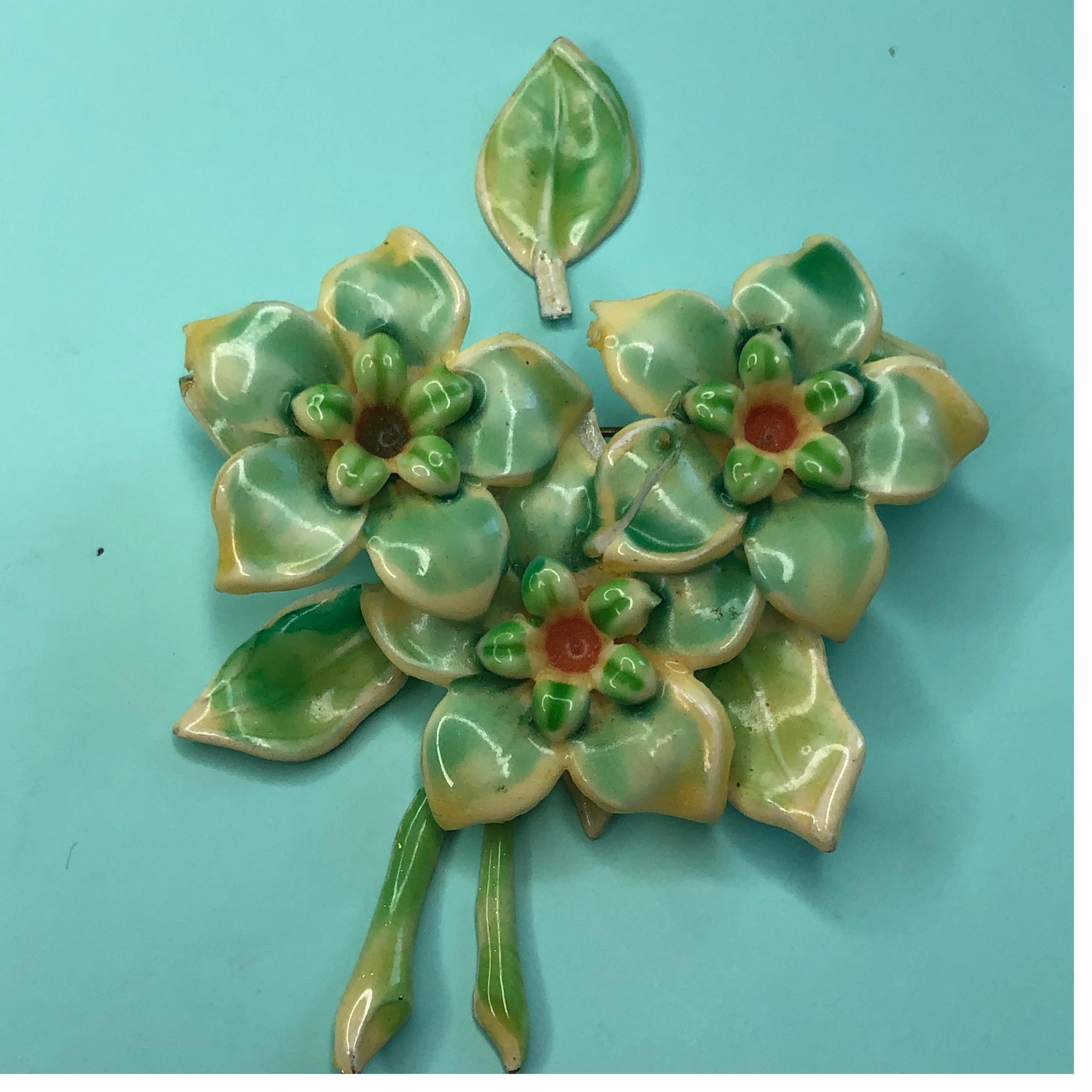 Made in Germany Metal and Plastic Green Floral Brooch Pin