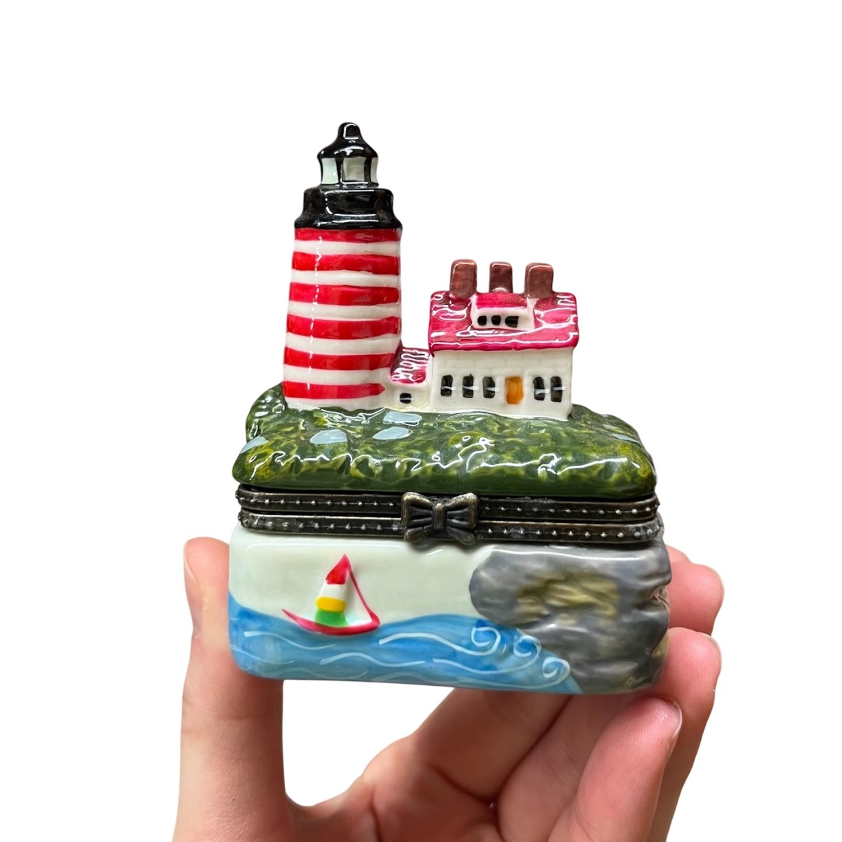 Porcelain Lighthouse Trinket Box, Painted Nautical Beach Lighthouse ...