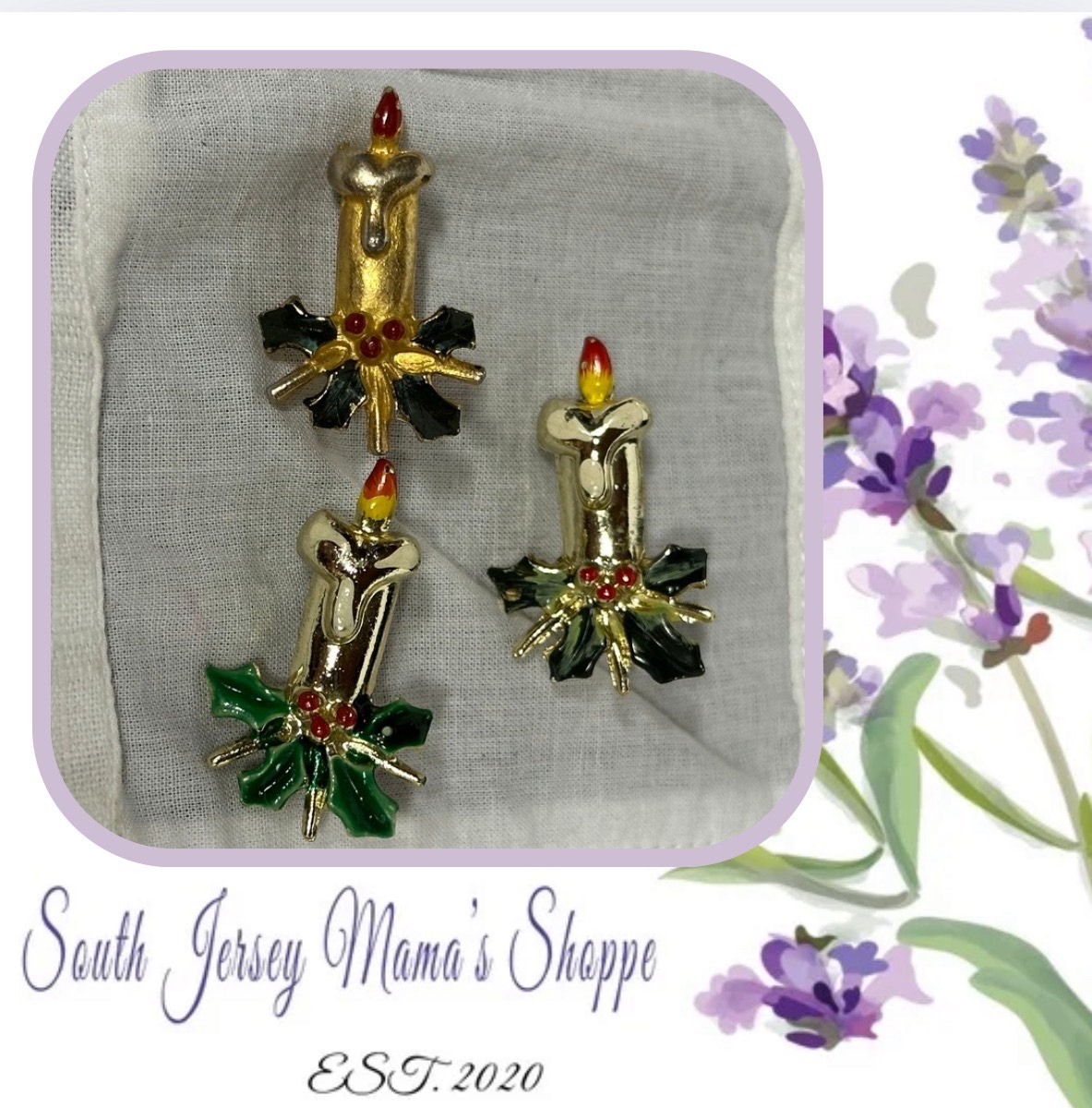 Vintage Set Of Three Gold Tone Enamel Candle With Holly Leaves Scatter Pins