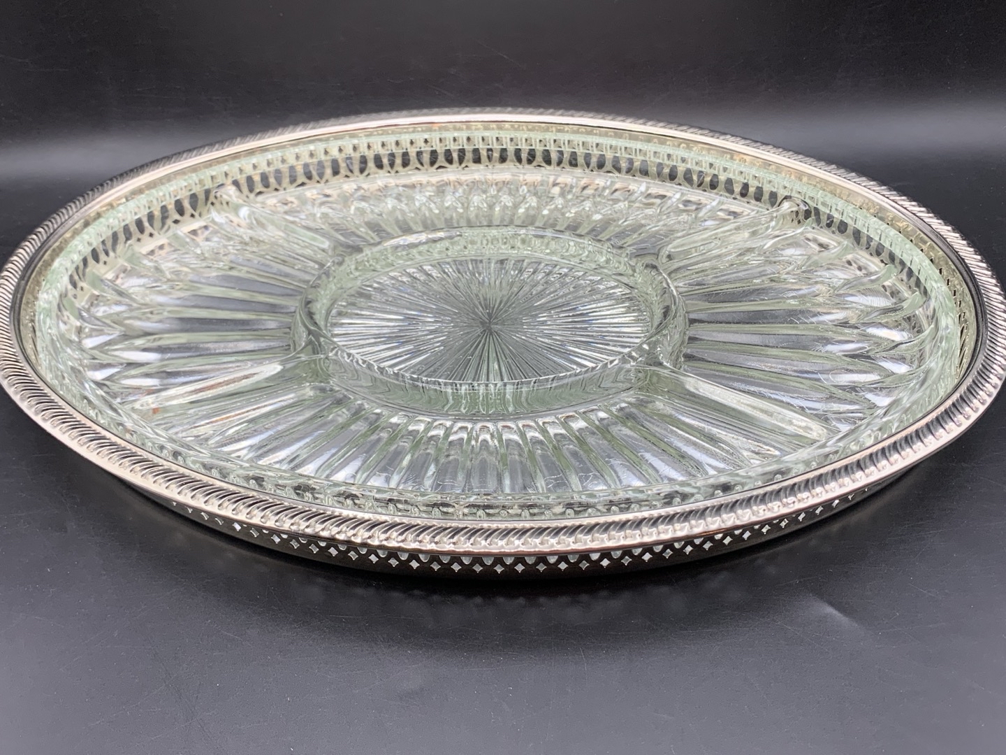 Vintage Silver Plate Oval Glass Divided Insert Serving Tray Hong Kong