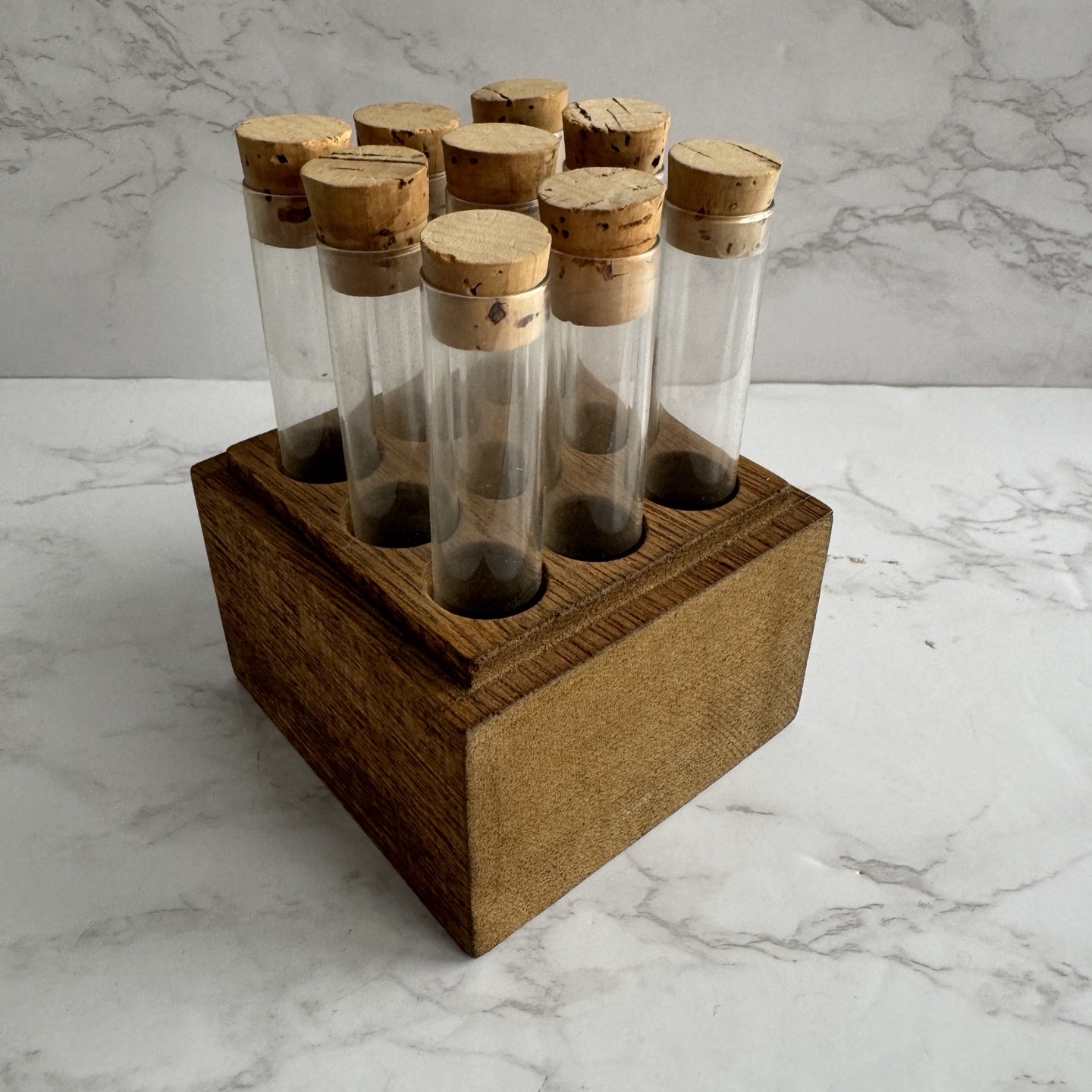 Vintage Japan Test Tube Holder with 9 Corked Test Tubes