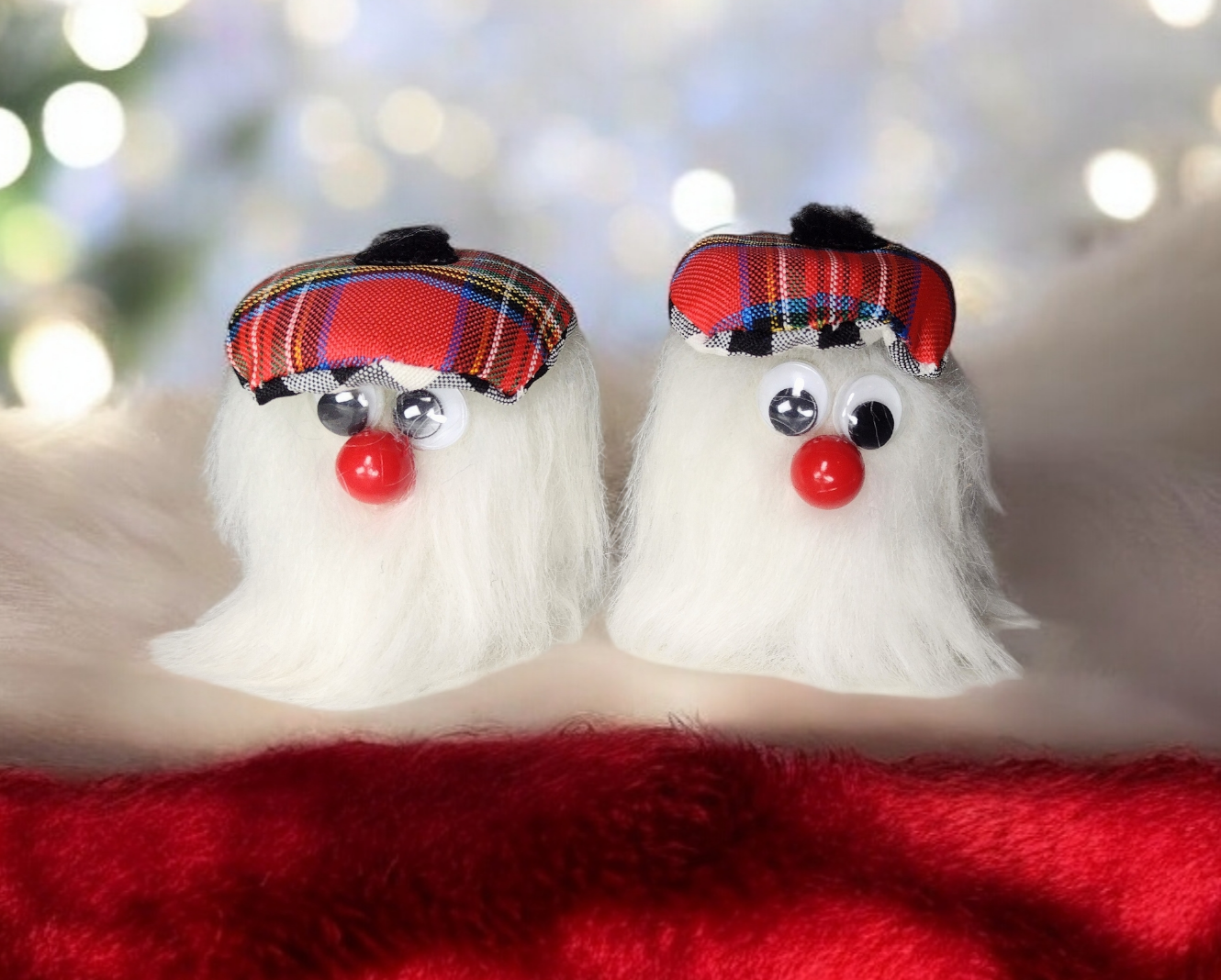 Pair Vtg Glook Gonk Doll Toy Kitsch Figurine Fuzzy Tartan Plaid Googly Eyes