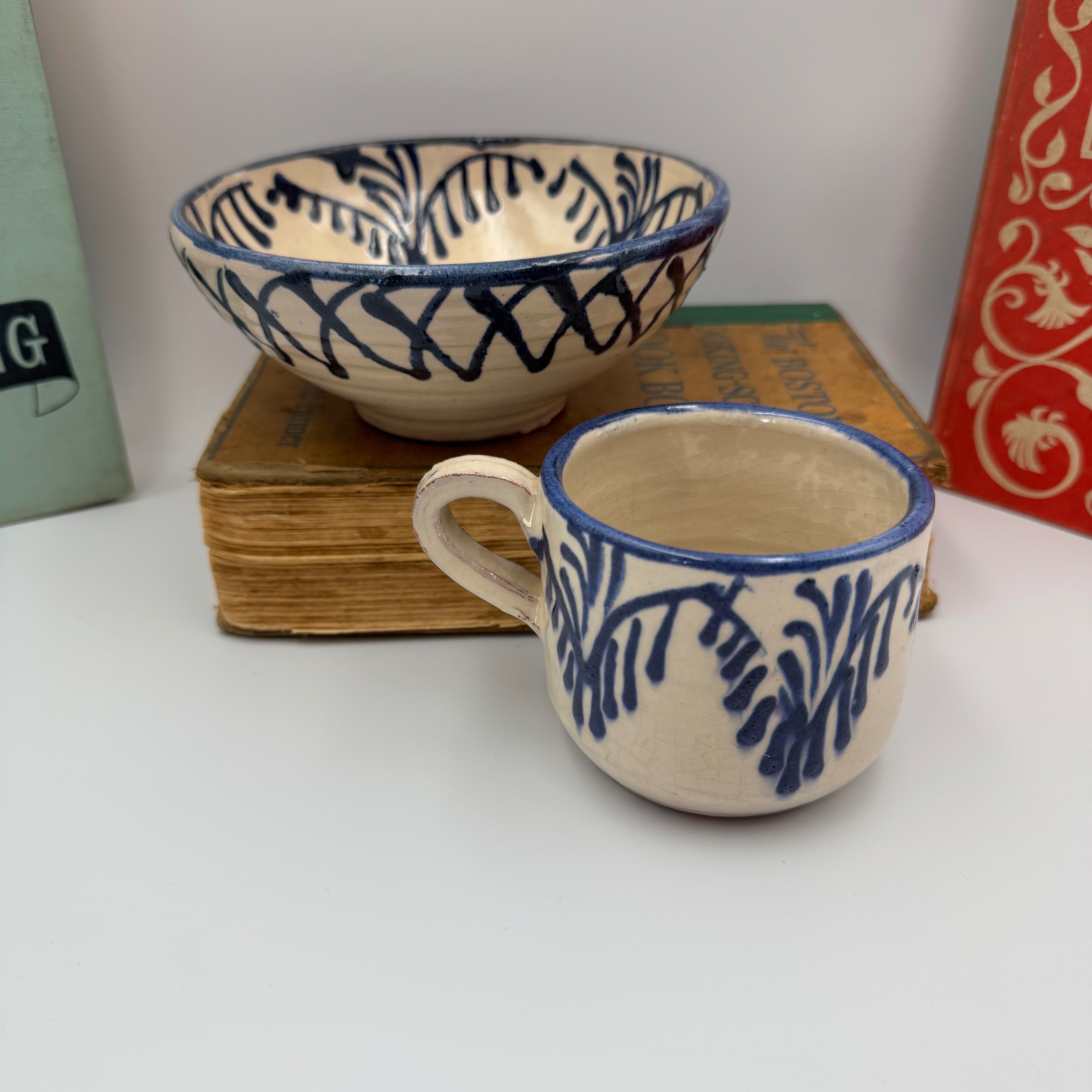 Studio Pottery Blue & White Glazed Redware Bowl & Mug - Unique Vintage Set
