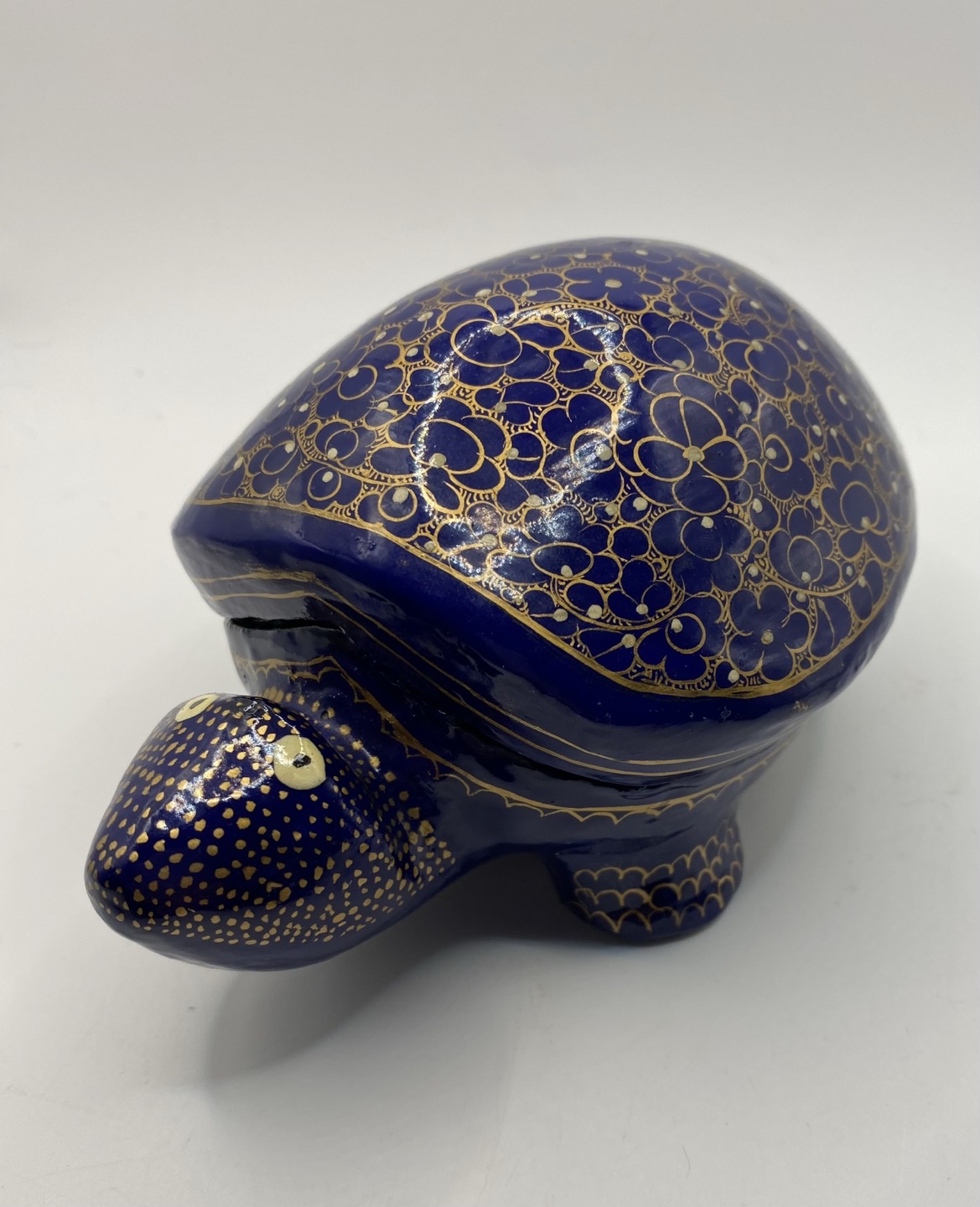 Kashmir Paper Mache Navy & 24K Gold Turtle, Lacquered Trinket Box, Hand ...