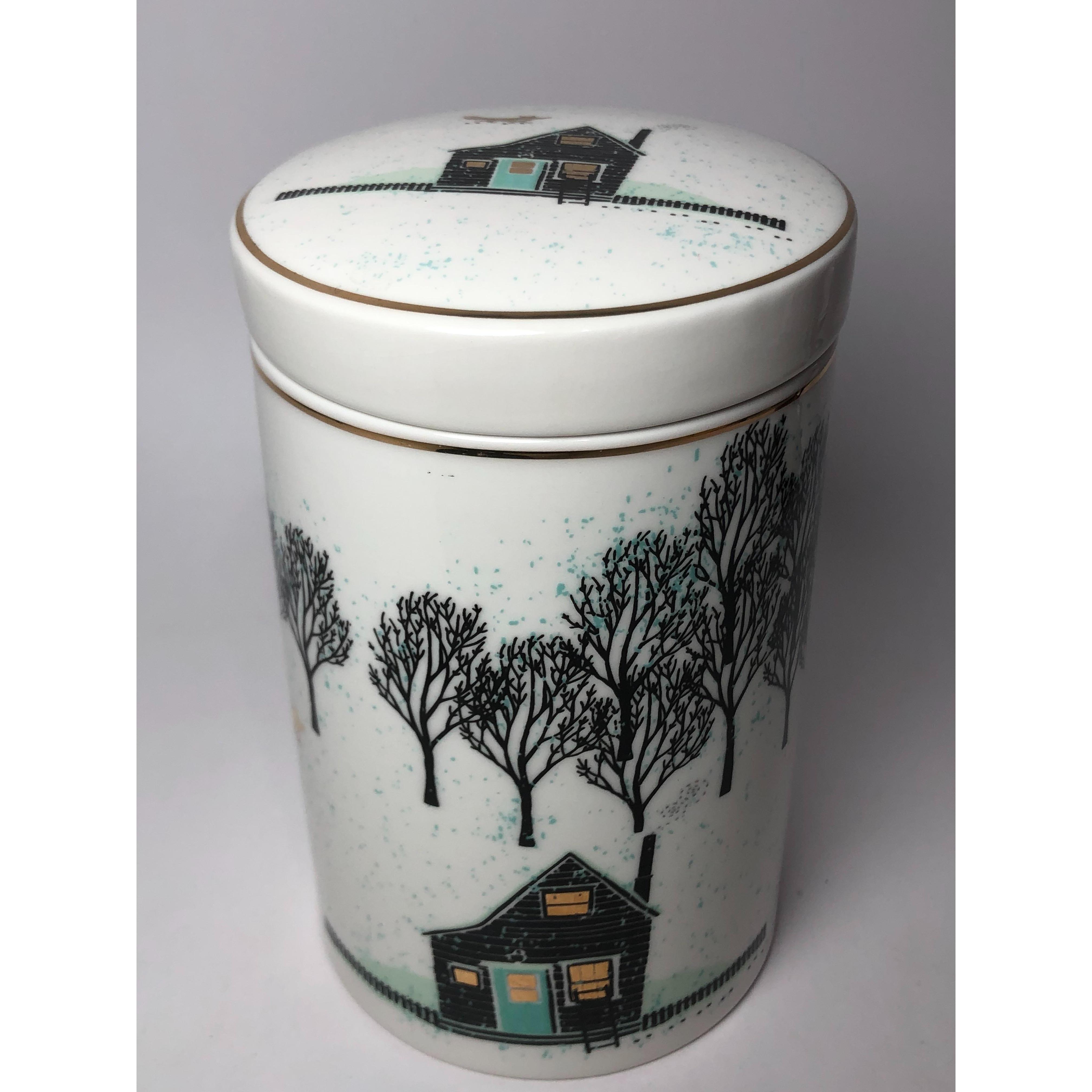 Grace Fine Ceramics 7" Canister Seal Lid House Fox Snow Scene White ...
