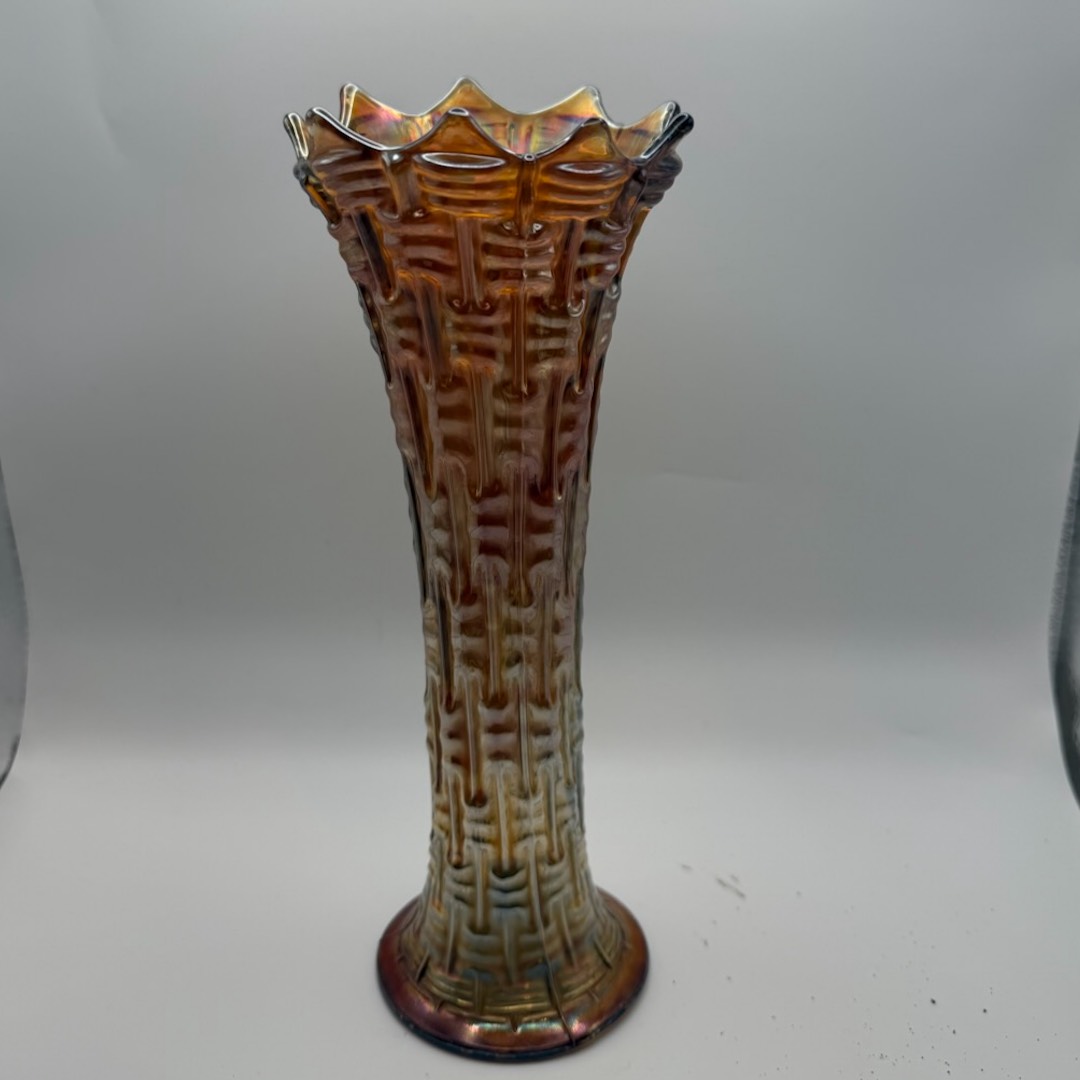 Dugan Carnival Glass 'Big Basketweave' Marigold Swung Vase