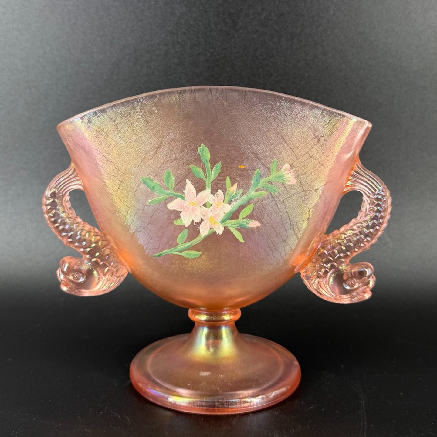 11. Fenton Pink Rose Dolphin Handle Stretch Glass Fan Vase