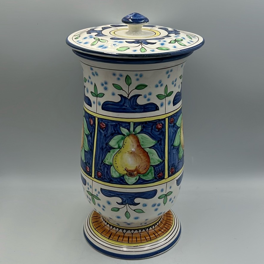 Large Hand Painted Italian Pottery Canister With Lid 13”