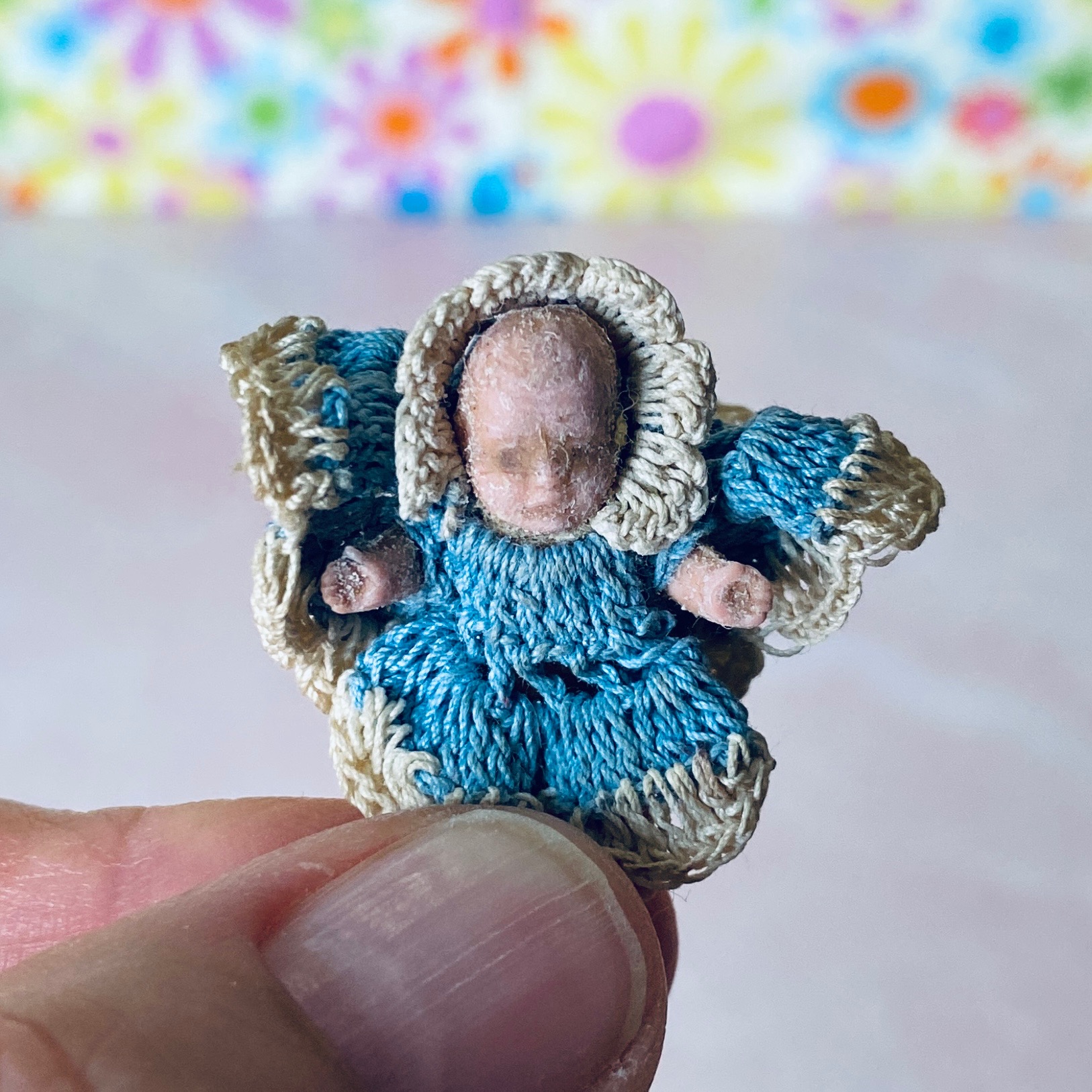 #026 Vintage Micro Mini Plastic Baby Doll w/Crochet Dress-Blue