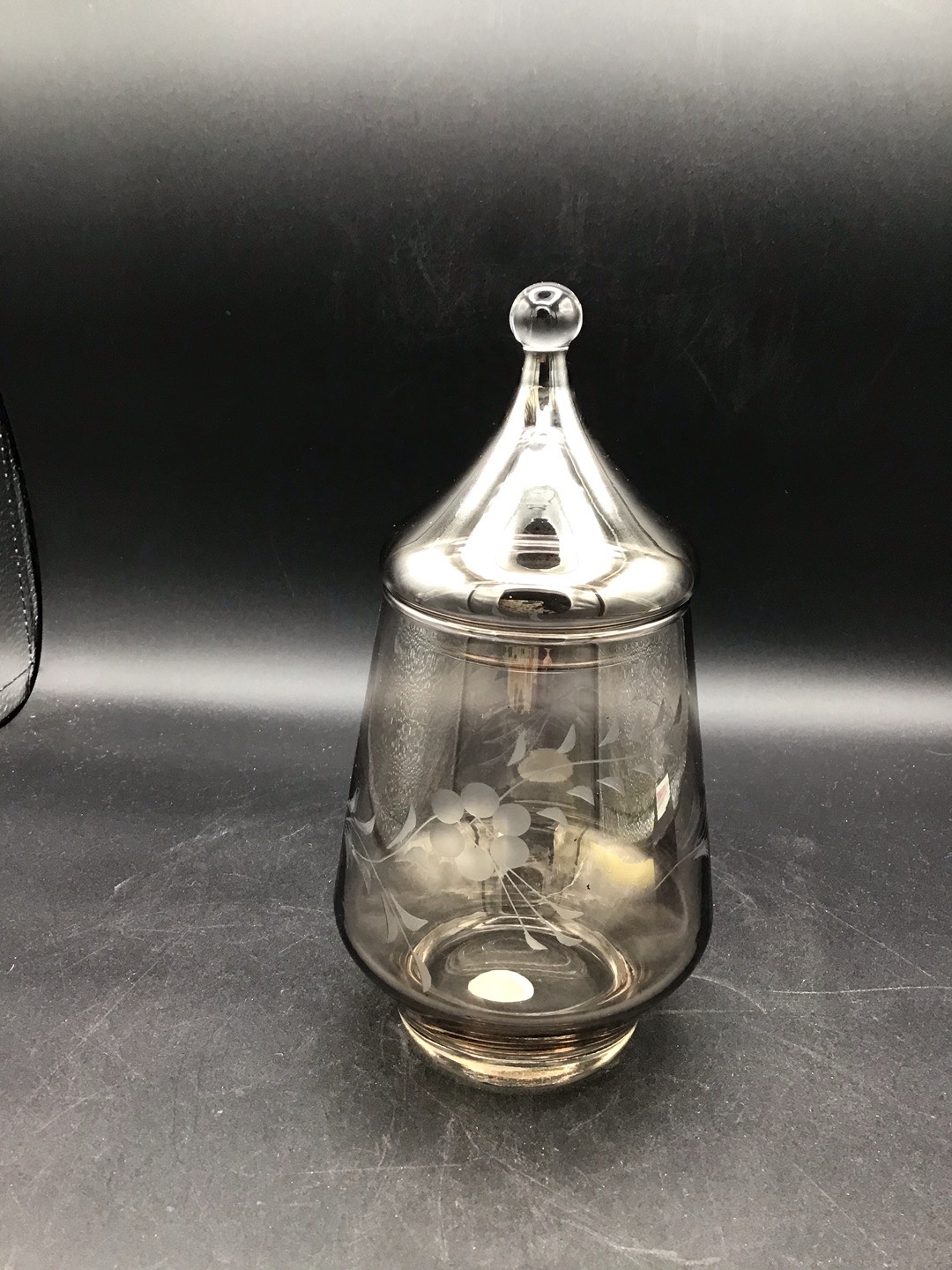 531-Vintage Etched Smokey Glass Lidded Candy Jar, West Virginia Glass ...