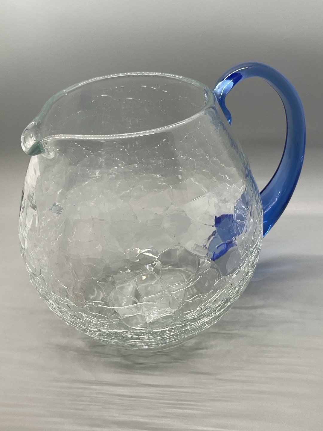 BLENKO Clear Crackle Glass Pitcher with Applied Blue Handle - 6" Tall ...