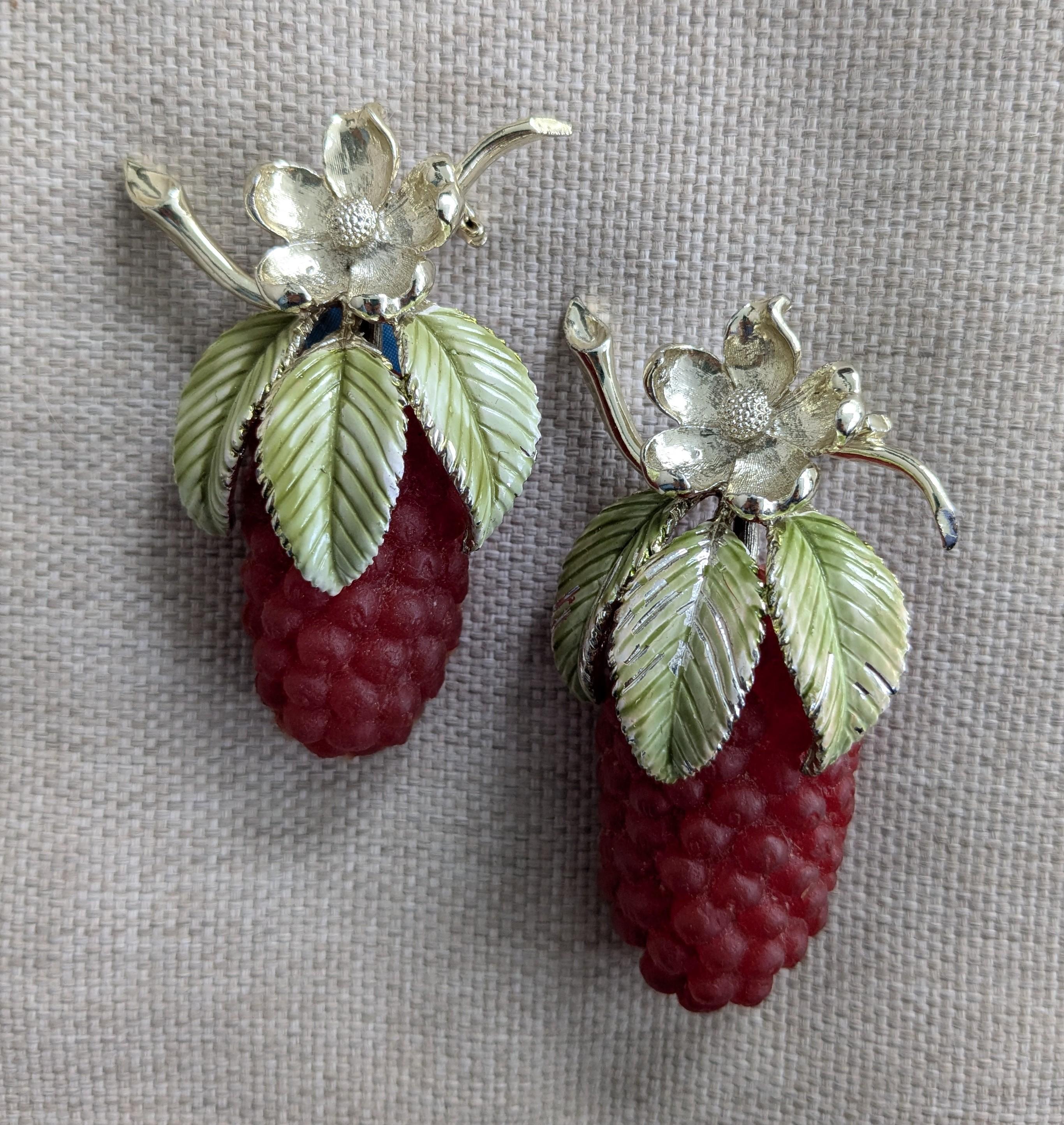 Rare Mid-century Pair of Vintage Red Raspberry Brooches With Squeezable ...