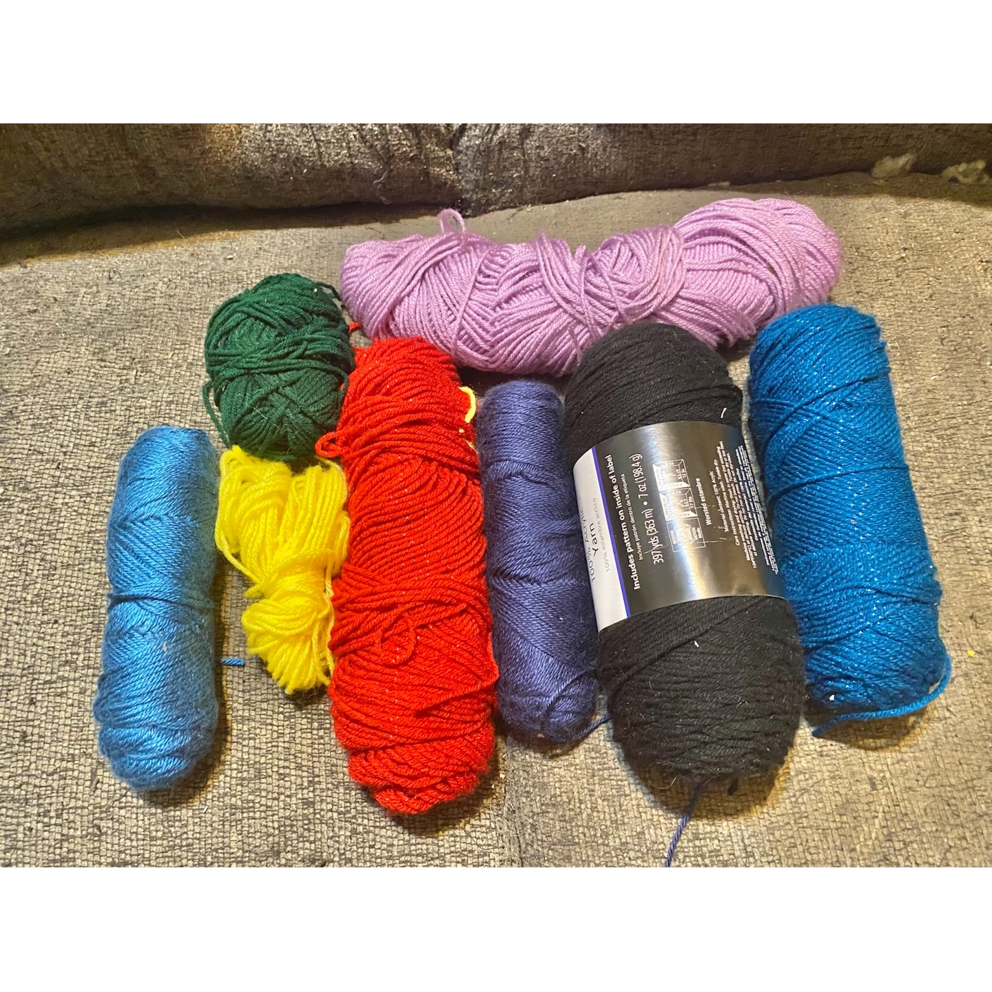 8 Assorted Rolls Of Yarn Lot Purple Yellow Block Green Blue Red