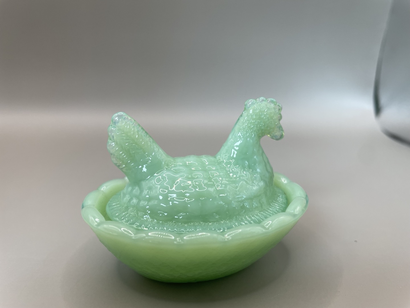 Jadeite Glass Chicken/Hen on Nest Salt Cellar Dish / Trinket Dish 3”