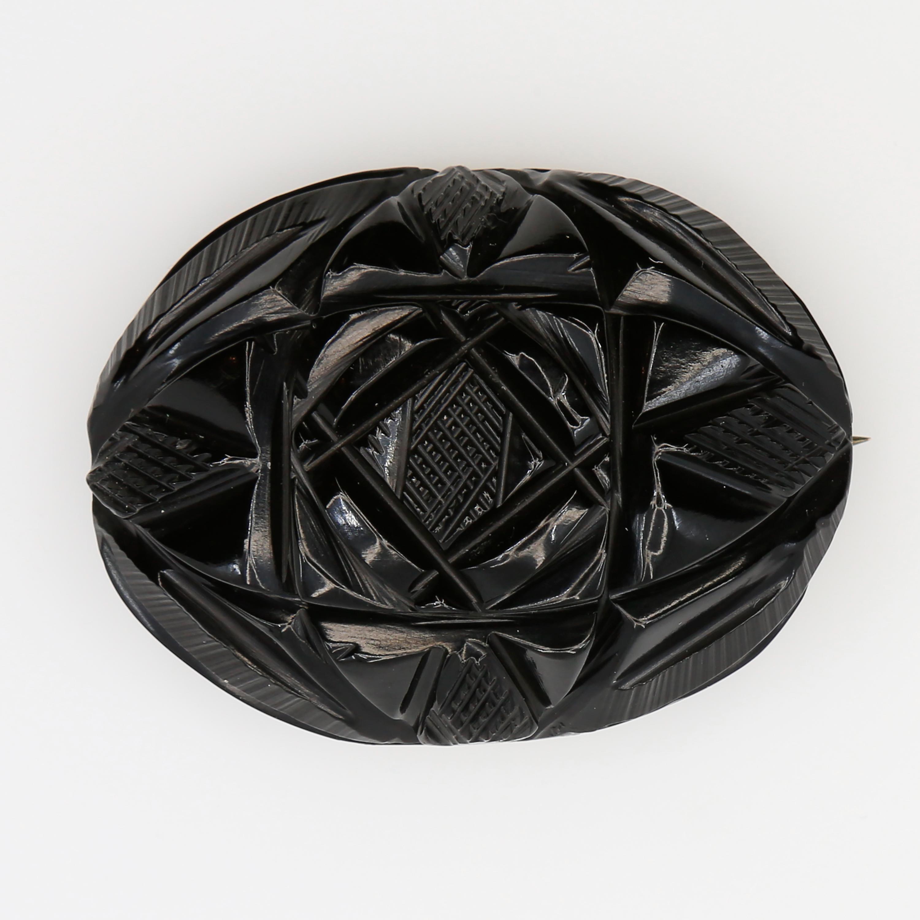 Antique Victorian Large Carved Whitby Jet Four Petaled Flower Brooch 1870s