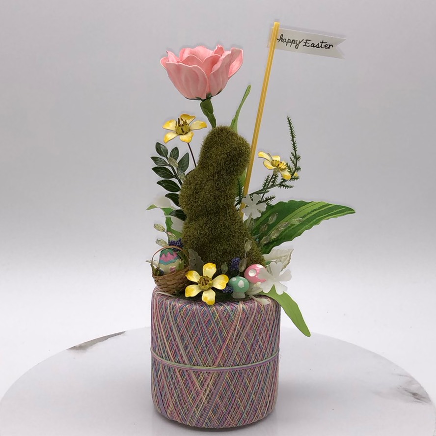 Handmade Easter Bunny Assemblage on a Spool with Flowers Basket & Mushrooms