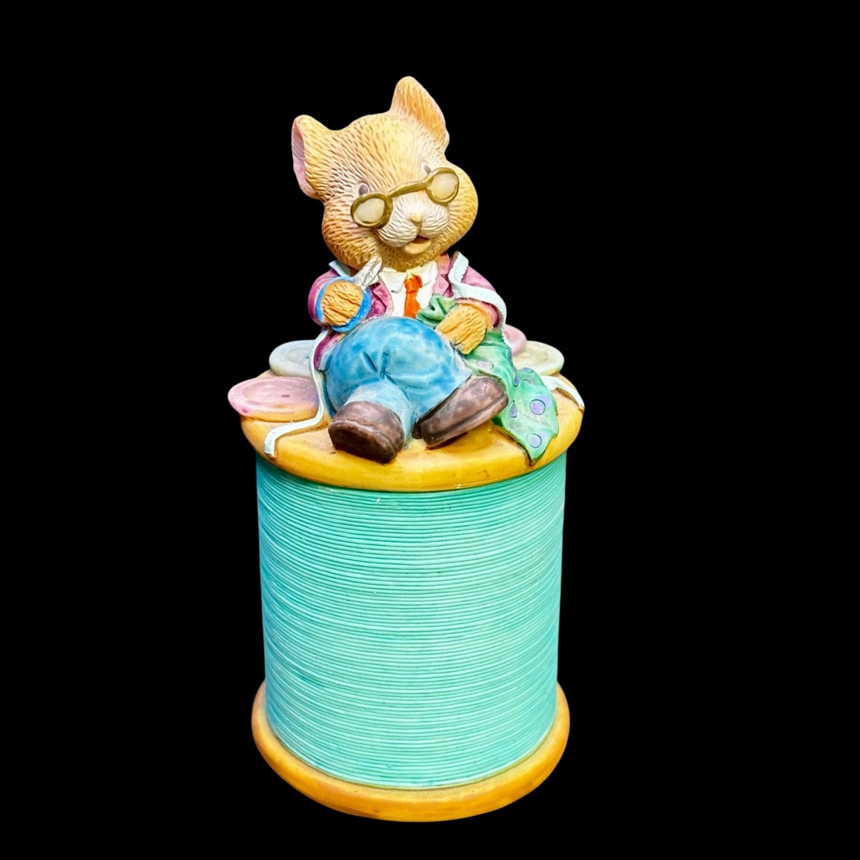 Cute Mouse Tailor On Thread Spool with Buttons Trinket Dish 3.5”