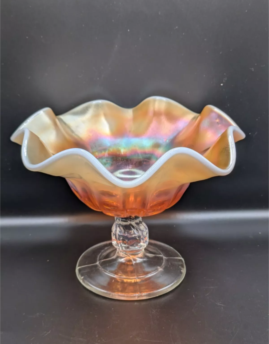 Dugan Glass Marigold Carnival Glass Compote, Opalescent