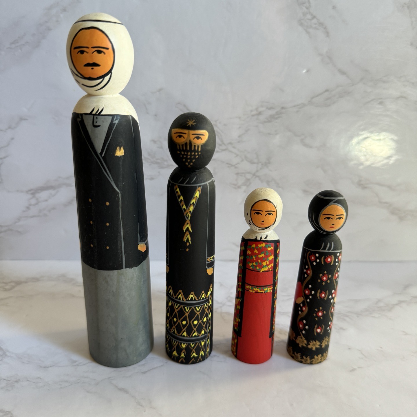 Vintage Middle Eastern Wooden Peg Doll Family Hand Painted Set of 4
