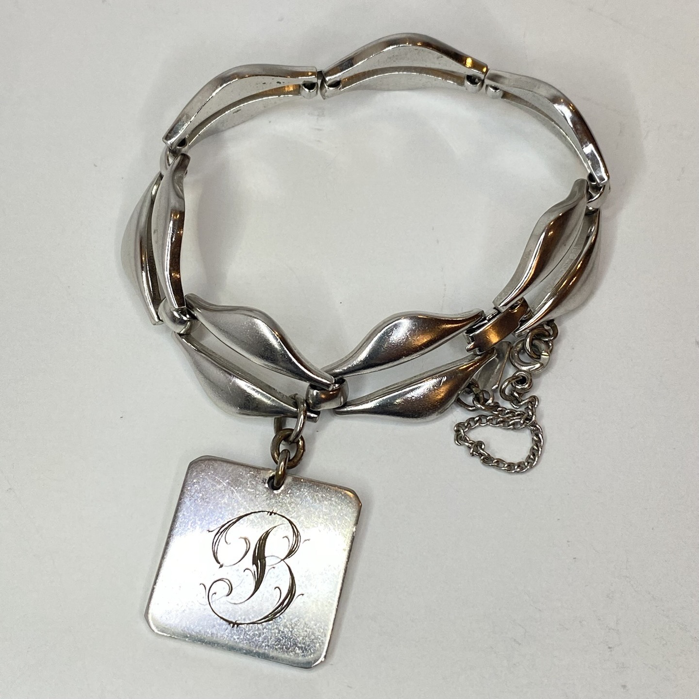 Vintage Signed Monet 1950s Silver Tone Panel Link B Charm Bracelet ...