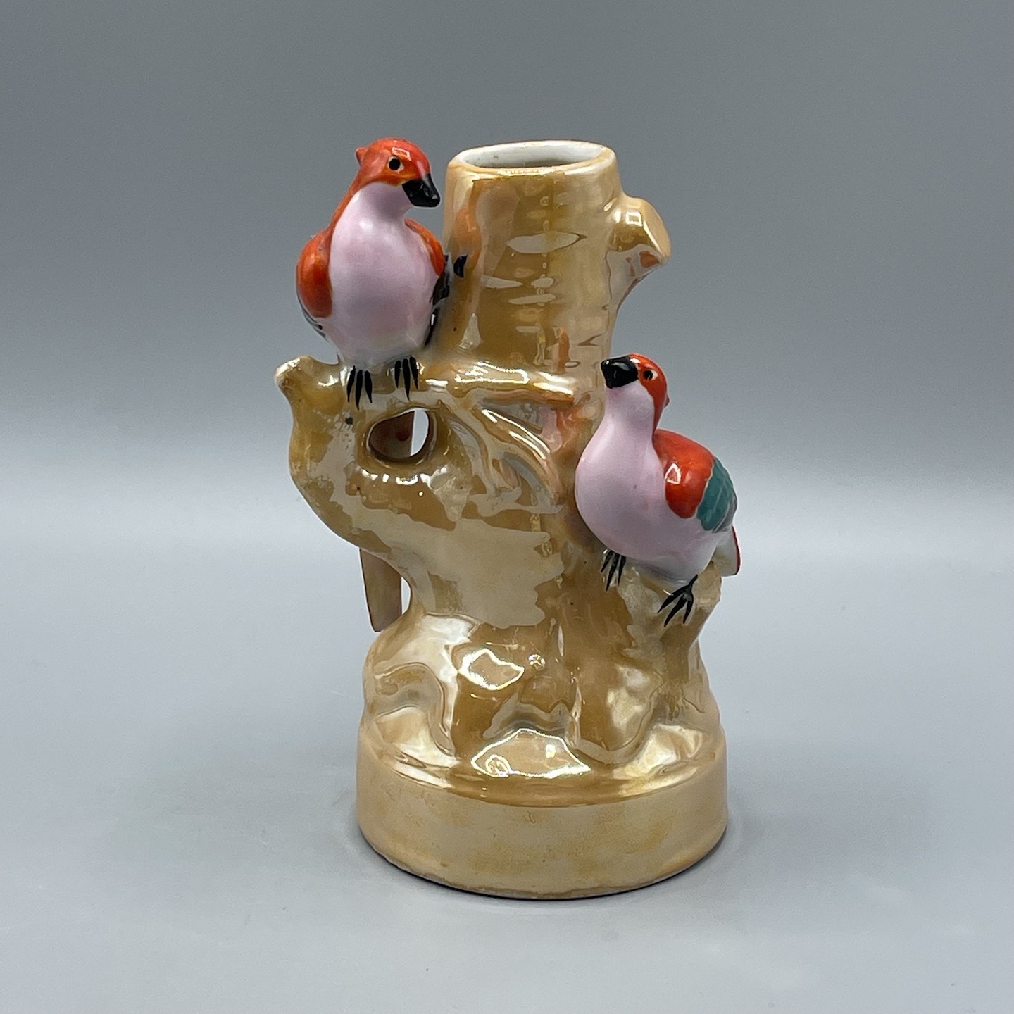 Vintage Japan Peach Lusterware Ceramic Red & Pink Birds Spill Bud Vase