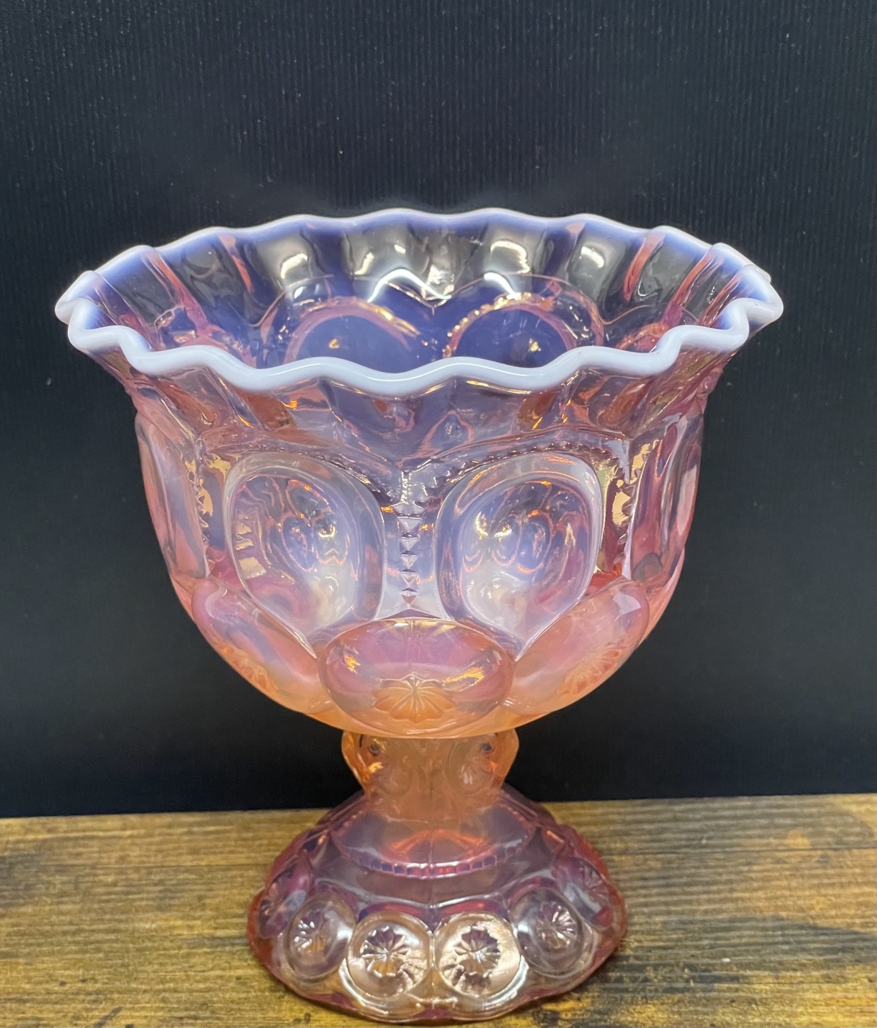 LE smith Moon & Stars Glass PINK OPALESCENT Crimped Open Compote 5x5.5