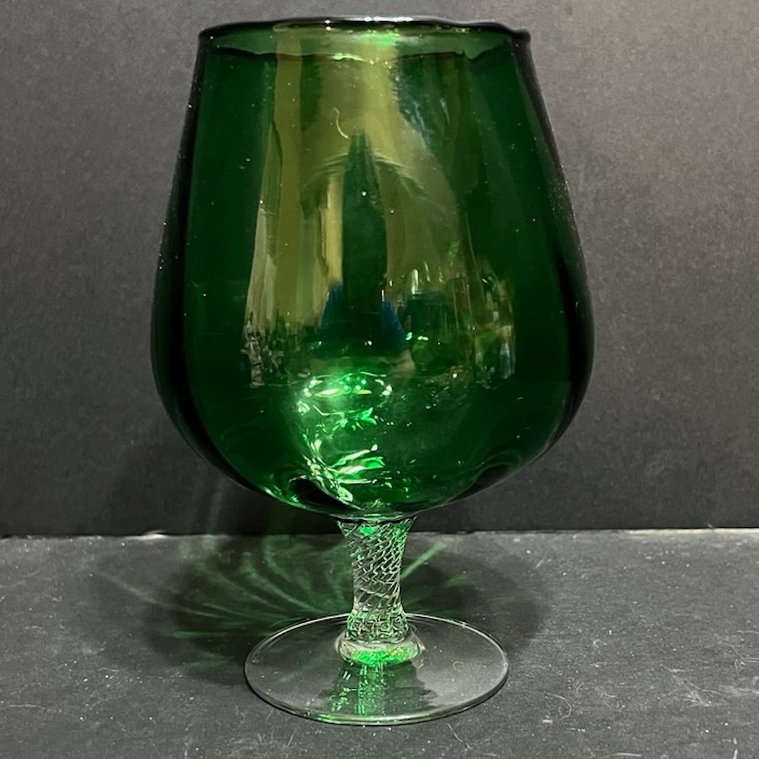 Green Brandy Snifter With Applied Clear Stem ~7.75in x 7in x 7in