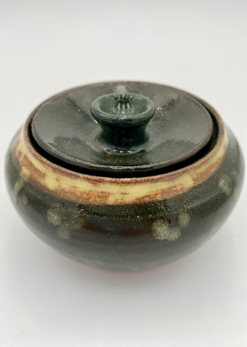 Studio Art Pottery Lidded Bowl, Signed, Forest Green w/Yellow, Surprise ...