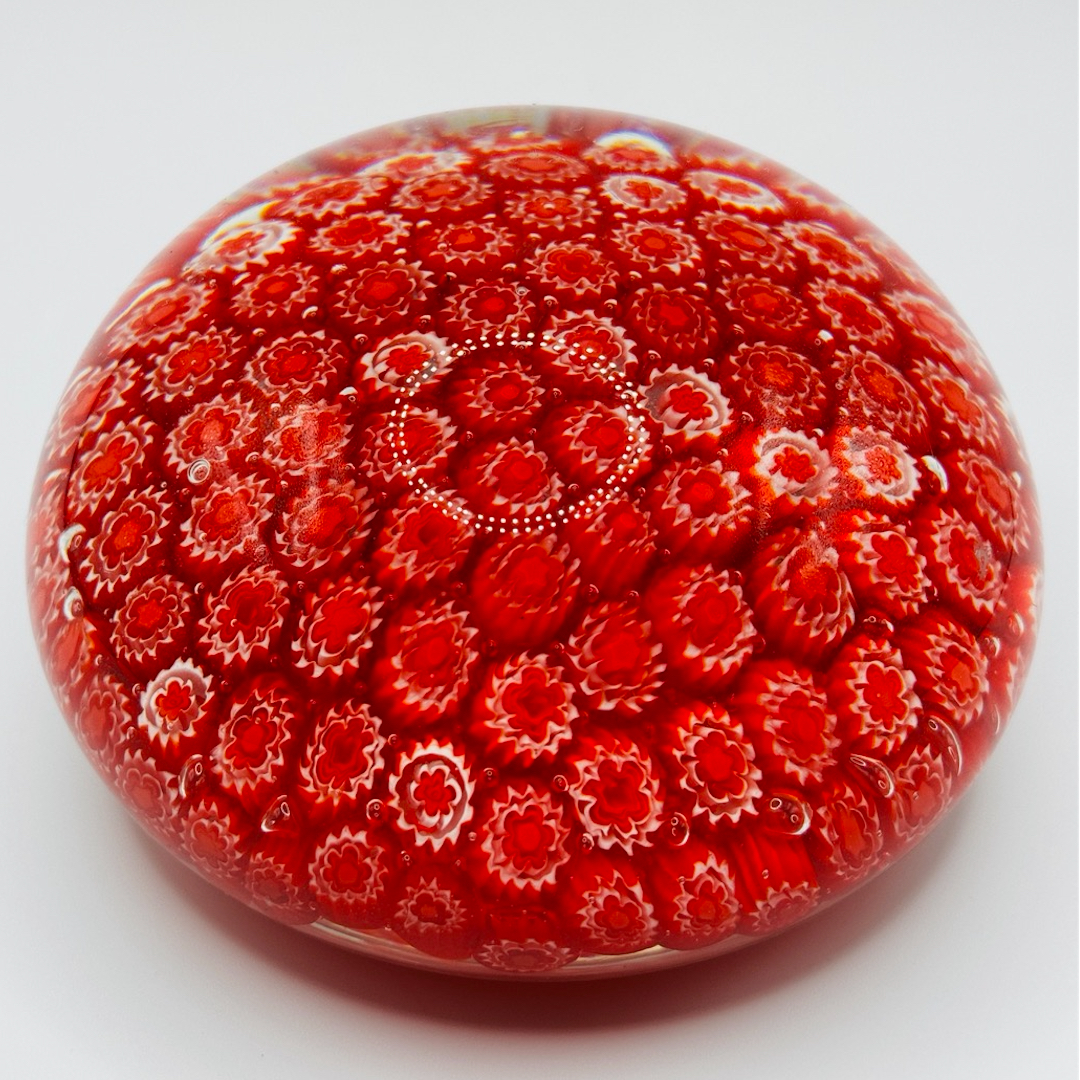 014 Large Signed Veni Paperweight Red Millefiori Polished Bottom 4 X 2 1/4"
