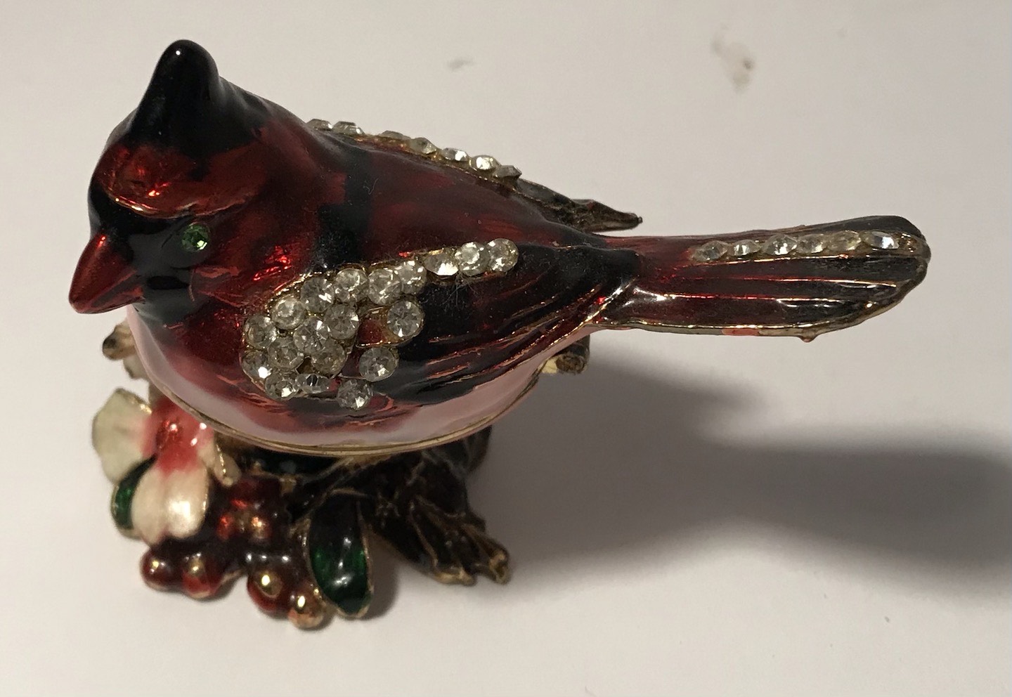Red Cardinal Bird Trinket Box Flowers Crystal Hinged Enameled Metal ...