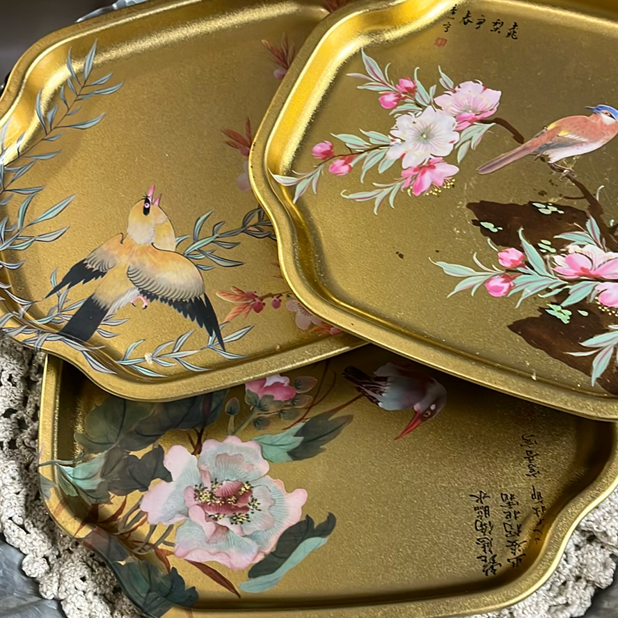 Three Vintage Trays MCM Metal trays. Hand painted.