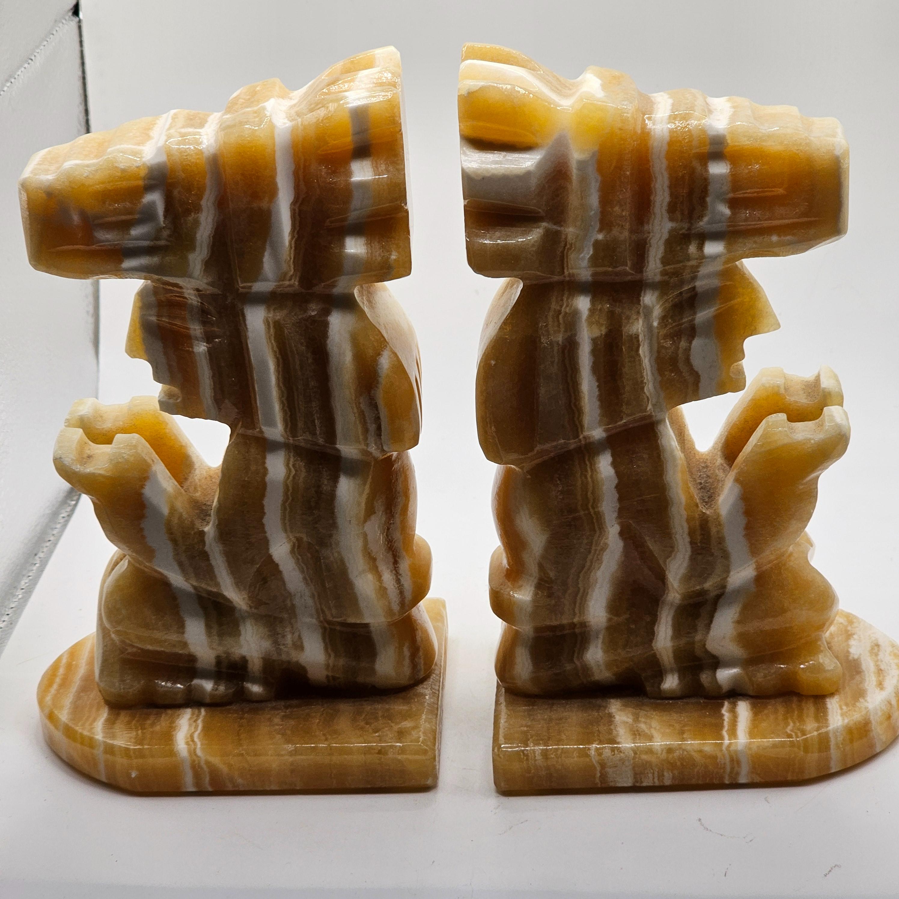 Vintage Hand Carved Mayan Aztec Tribal Bookends Banded Marble