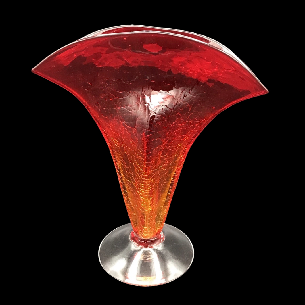 1700-Blenko Crackled Amberina Fan Vase With Clear Bottom- Glows
