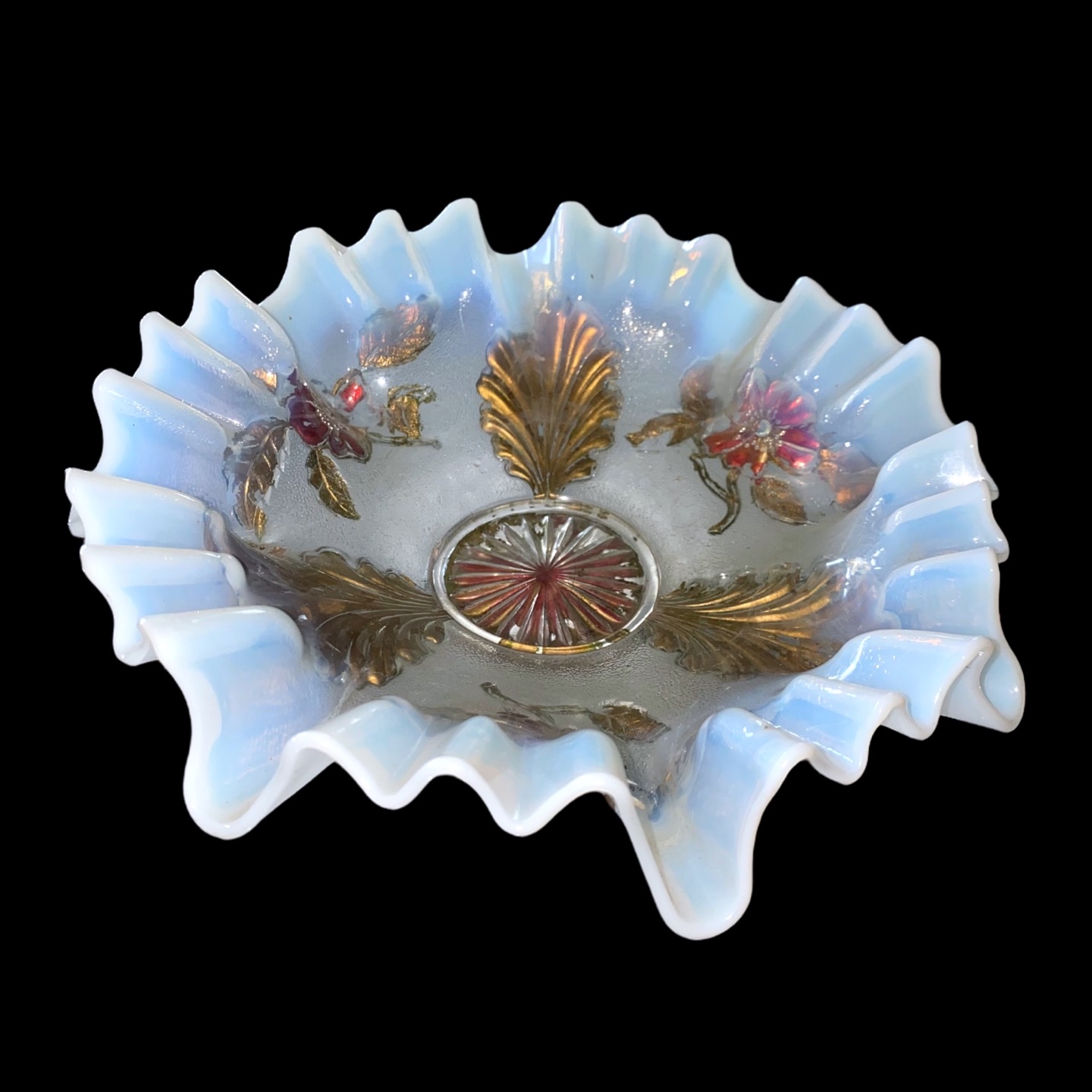 006. Antique Goofus Glass Enameled Opalescent Bowl