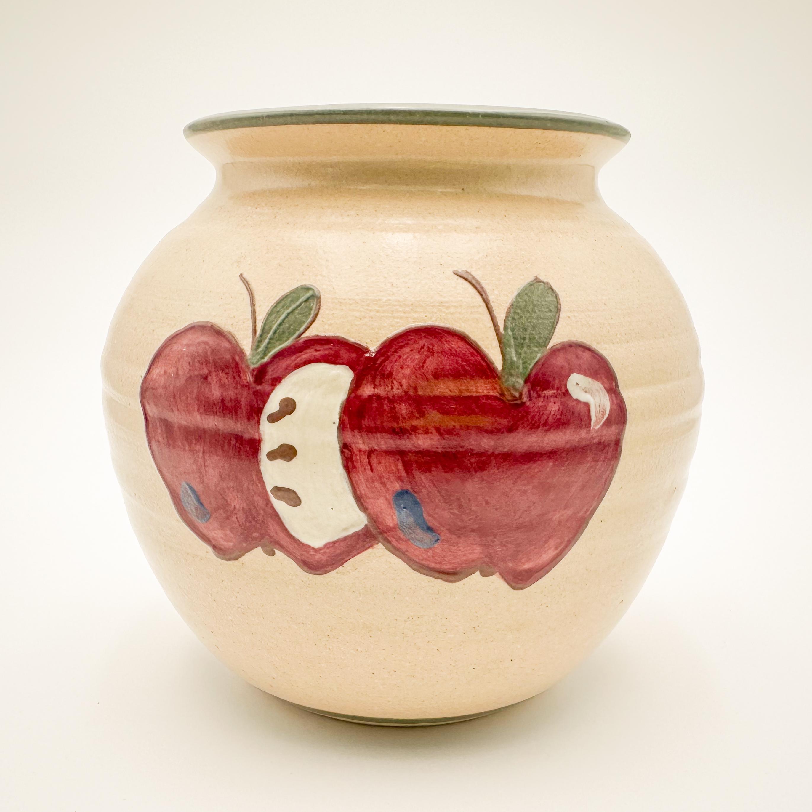 Olde Cape Cod Stoneware Pottery Jar Apples Green Accents 6" H x 6" W