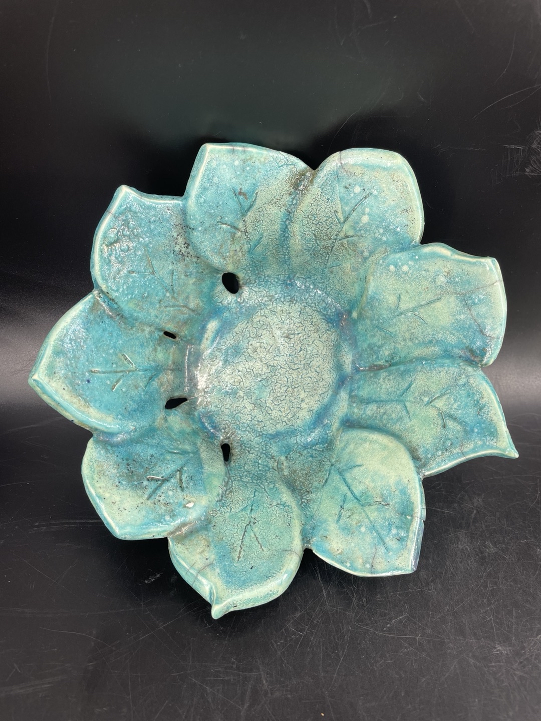 Raku Pottery Turquoise Iridescent Flower Bowl