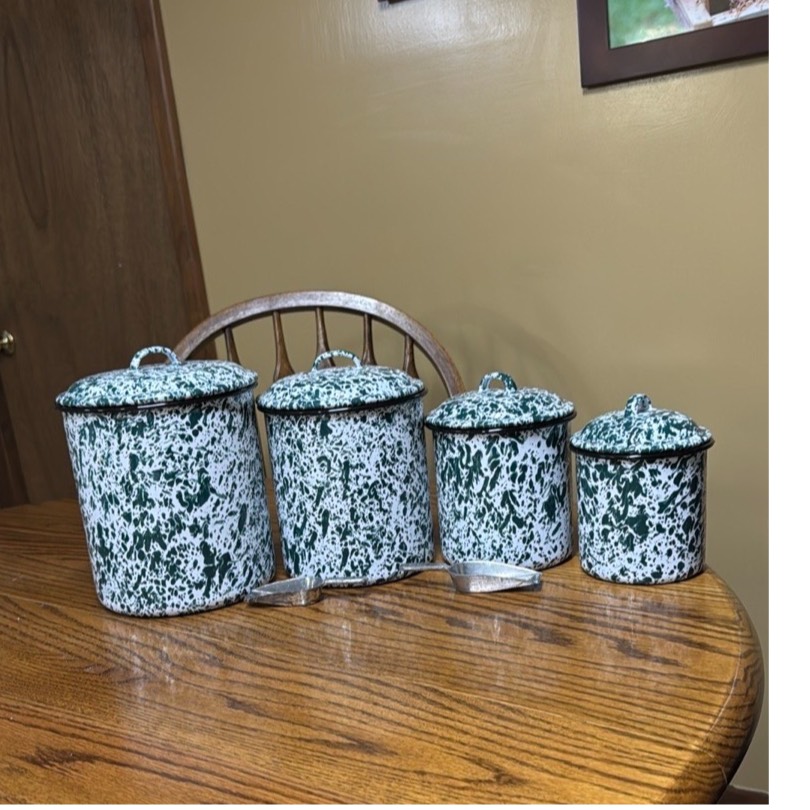 Green Swirl Enamelware By CGS International, 4 Canister Set Farmhouse