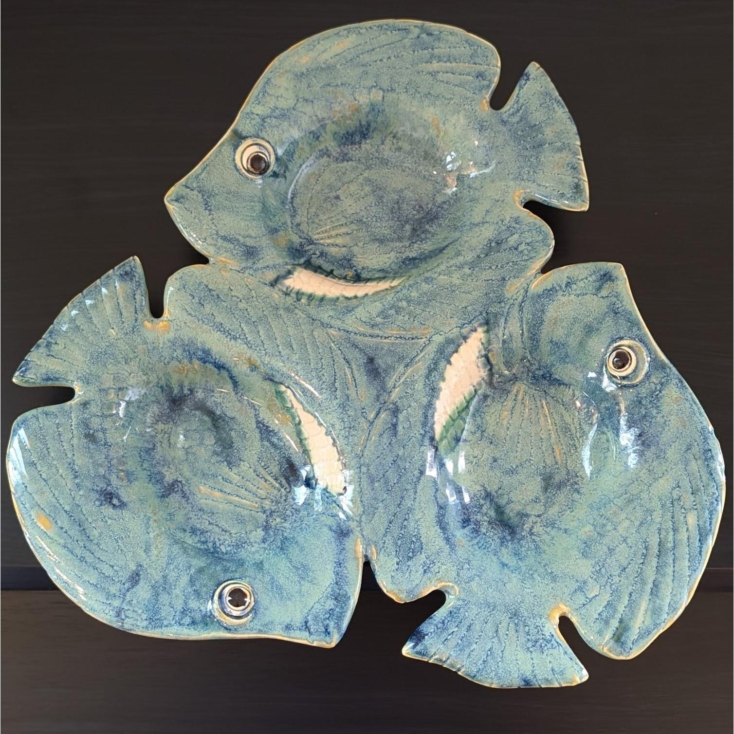 Vintage James Lawson Triple Blue Fish Bowl Art Pottery Signed Glazed Decor