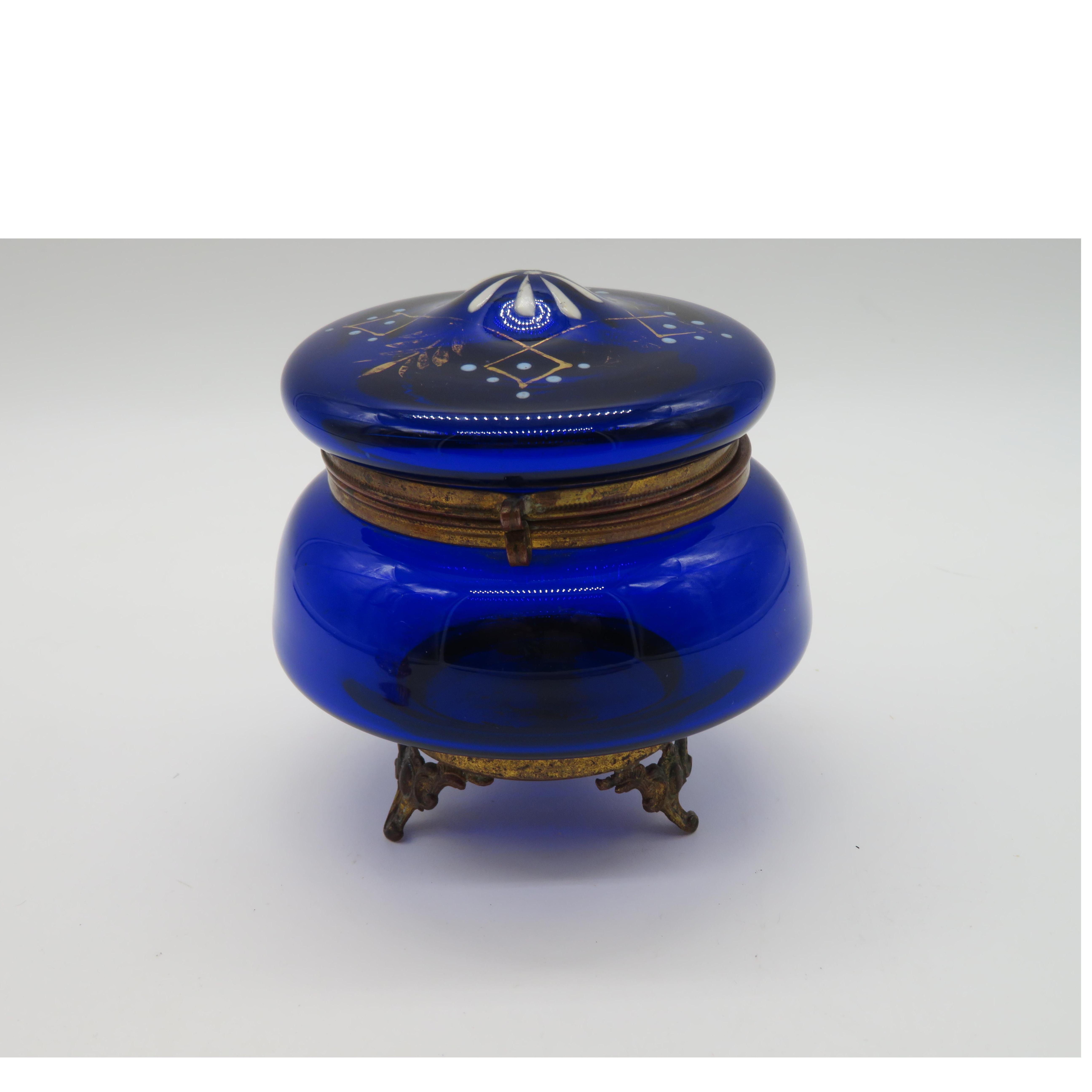 Antique Cobalt Blue Glass Trinket Box Jewlery Casket with Brass Feet ...