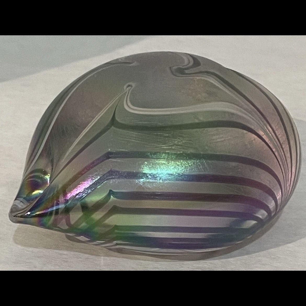 Paperweight Rainbow Iridescent Heart Pulled Feather Hand Blown Gift