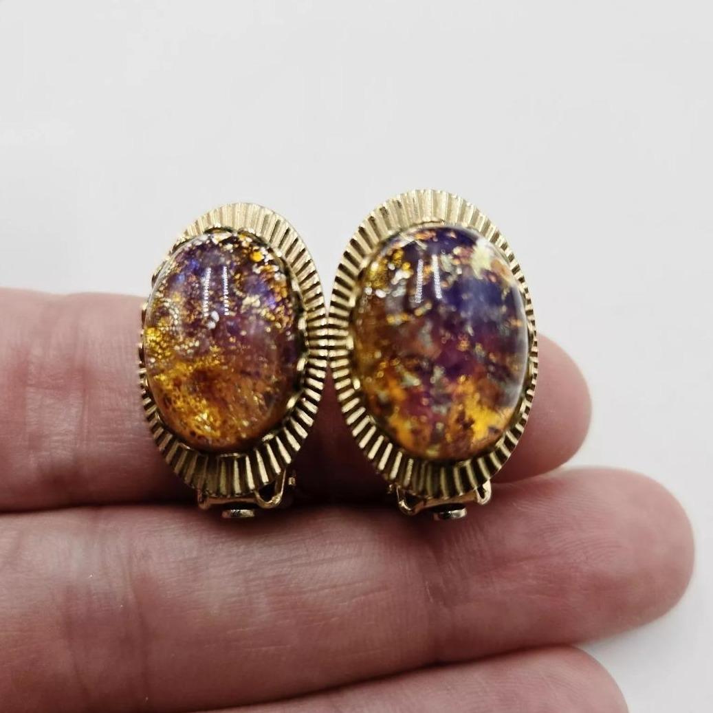 Vintage Dragon's Breath Stone Clip On Earrings Gold Tone Fire Opal Mid ...