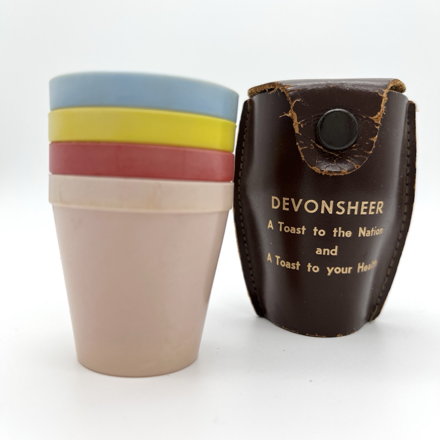 Vintage plastic stacking shot cups & leather case Devonsheer ...