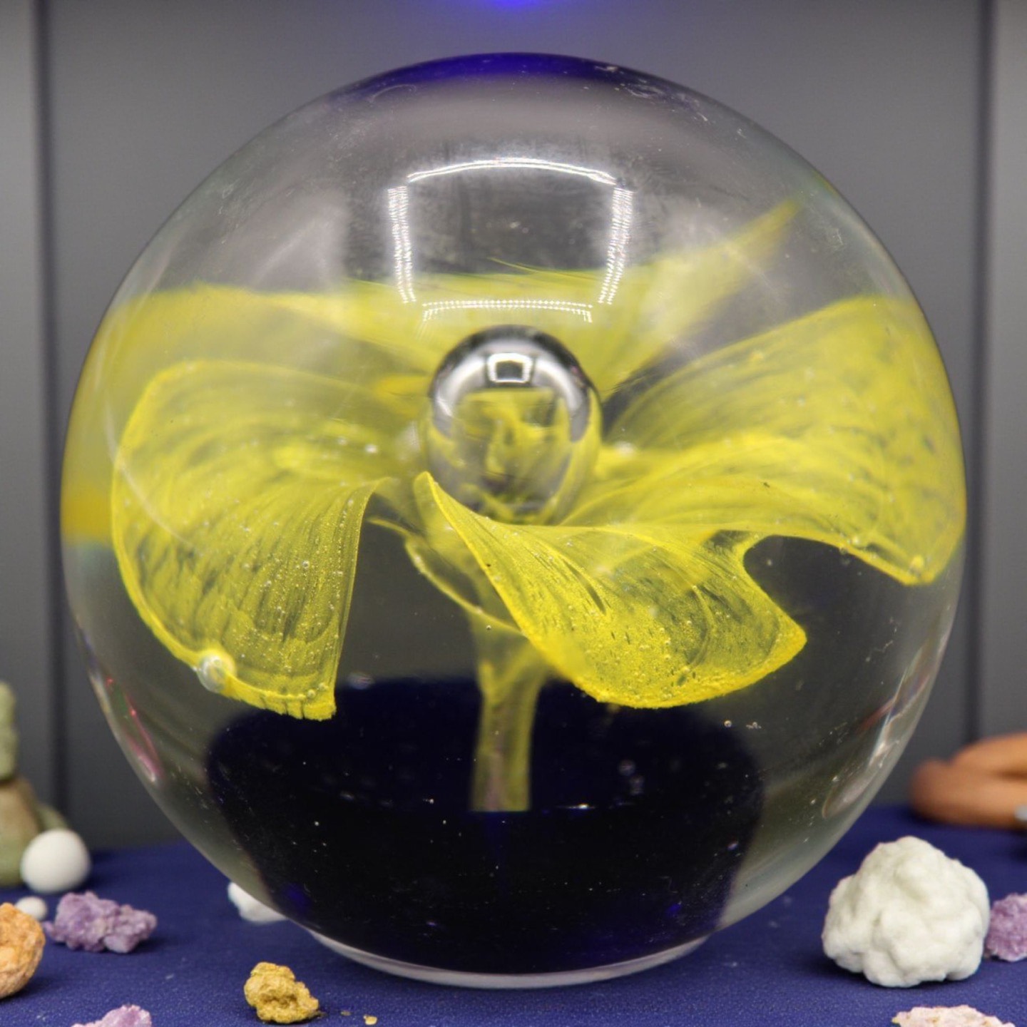 Cobalt Blue with Lacy Yellow Flower & Center Bubble Paperweight 2 1/2 ...