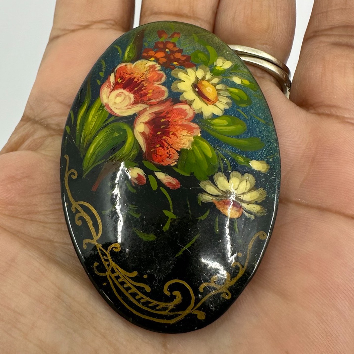 Vintage Hand Painted & Signed Russian Floral Lacquered Brooch