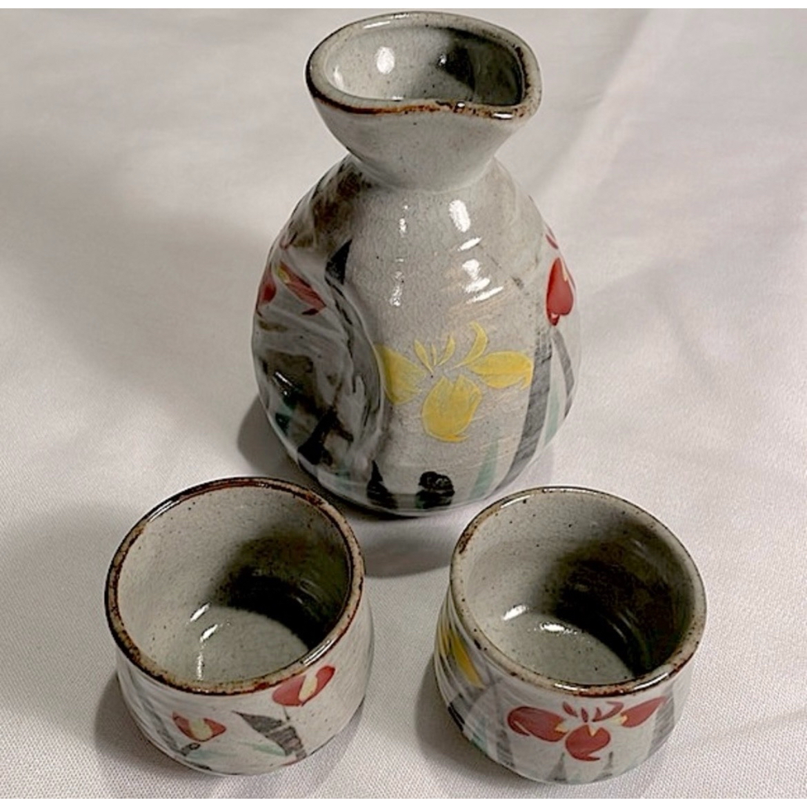 Hand Painted Stoneware Sake Carafe, 2 Sake Cups Decorated with Flowers ...