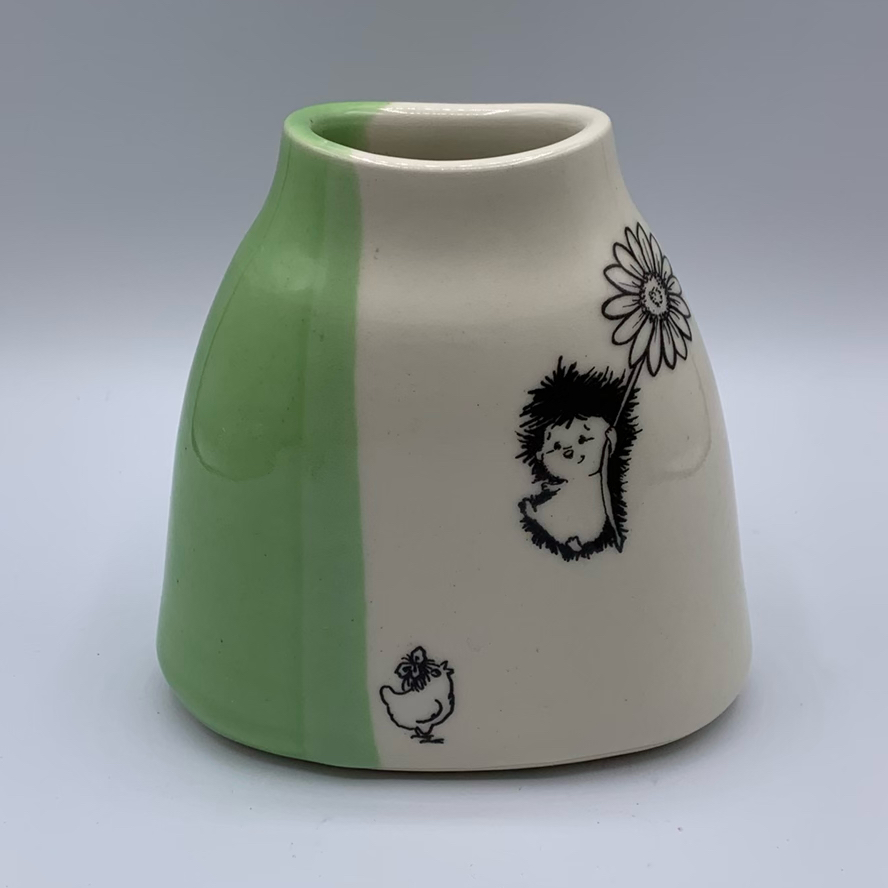 Darn Pottery Green Cream Vase Hedgehog Flying Flower & Chick